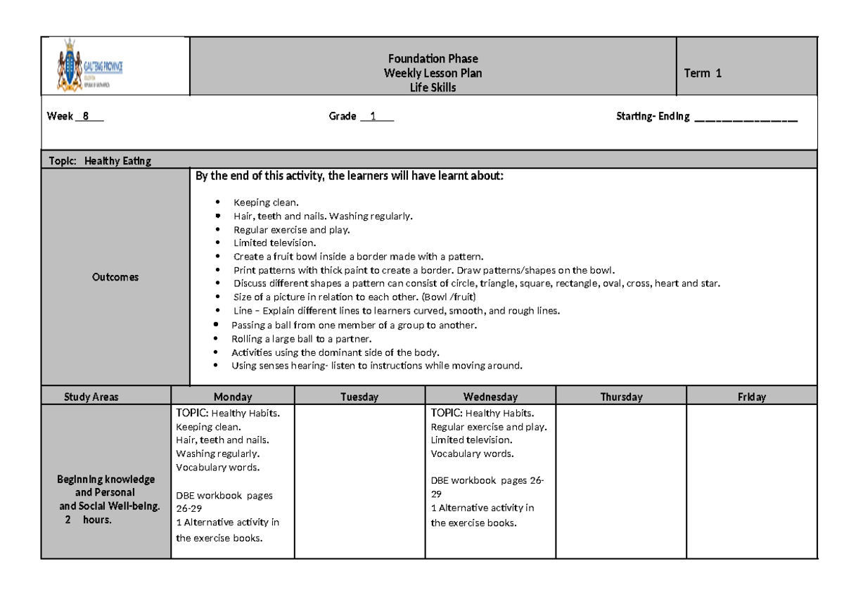 Grade 1 TERM 1 Lifeskills Lesson PLAN WEEK 8 - Foundation Phase Weekly ...