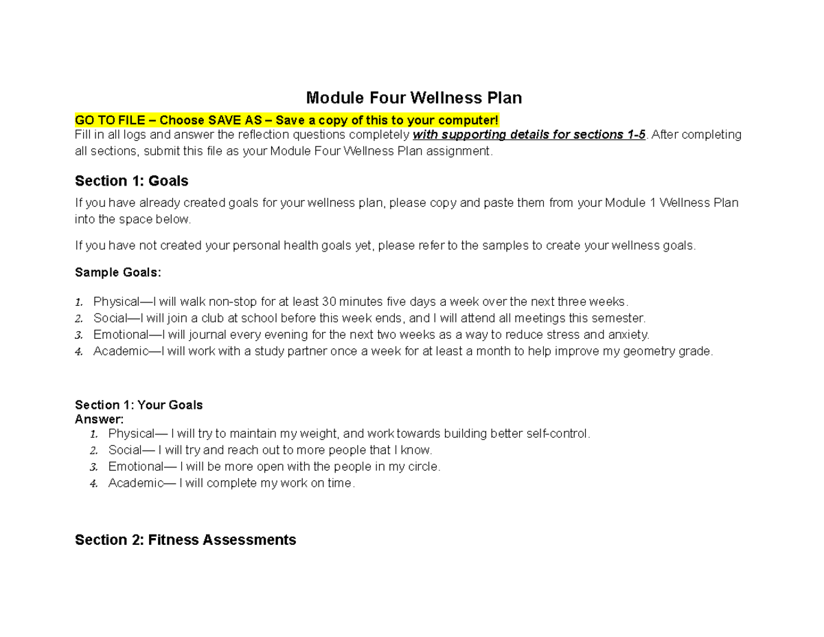 Module four wellness plan - Module Four Wellness Plan GO TO FILE ...