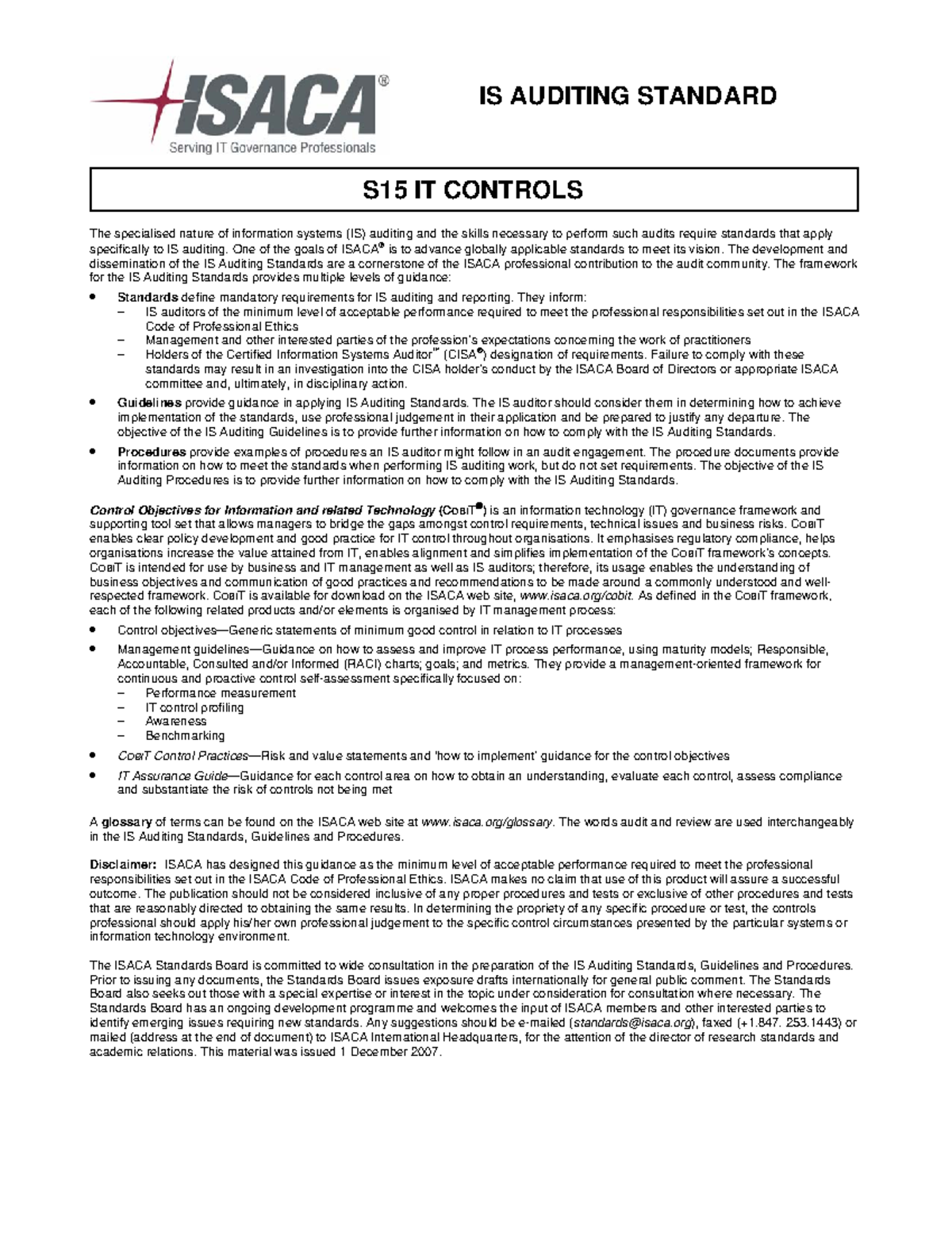 IT-Controls - isa - IS AUDITING STANDARD The specialised nature of ...