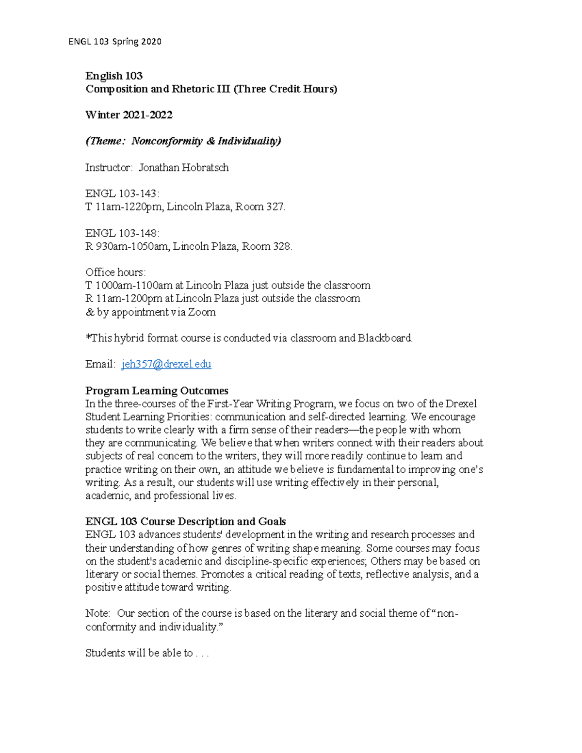 ENGL103 Syllabus Hobratsch Winter 2021 2022 - English 103 Composition ...