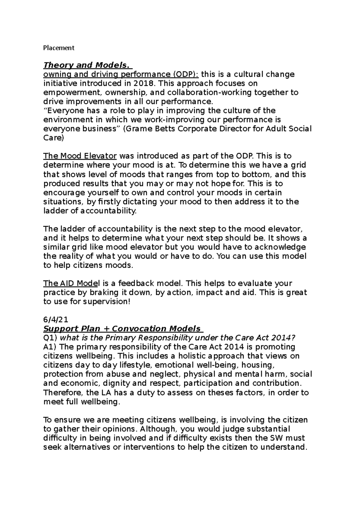 Placement notes - Placement Theory and Models. owning and driving ...