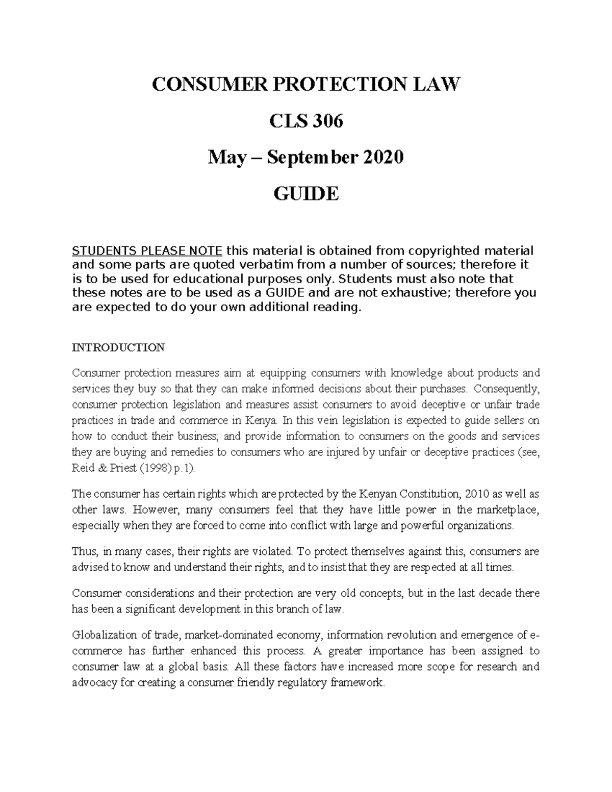 Consumer Class 102 - CONSUMER PROTECTION LAW CLS 306 May – September ...
