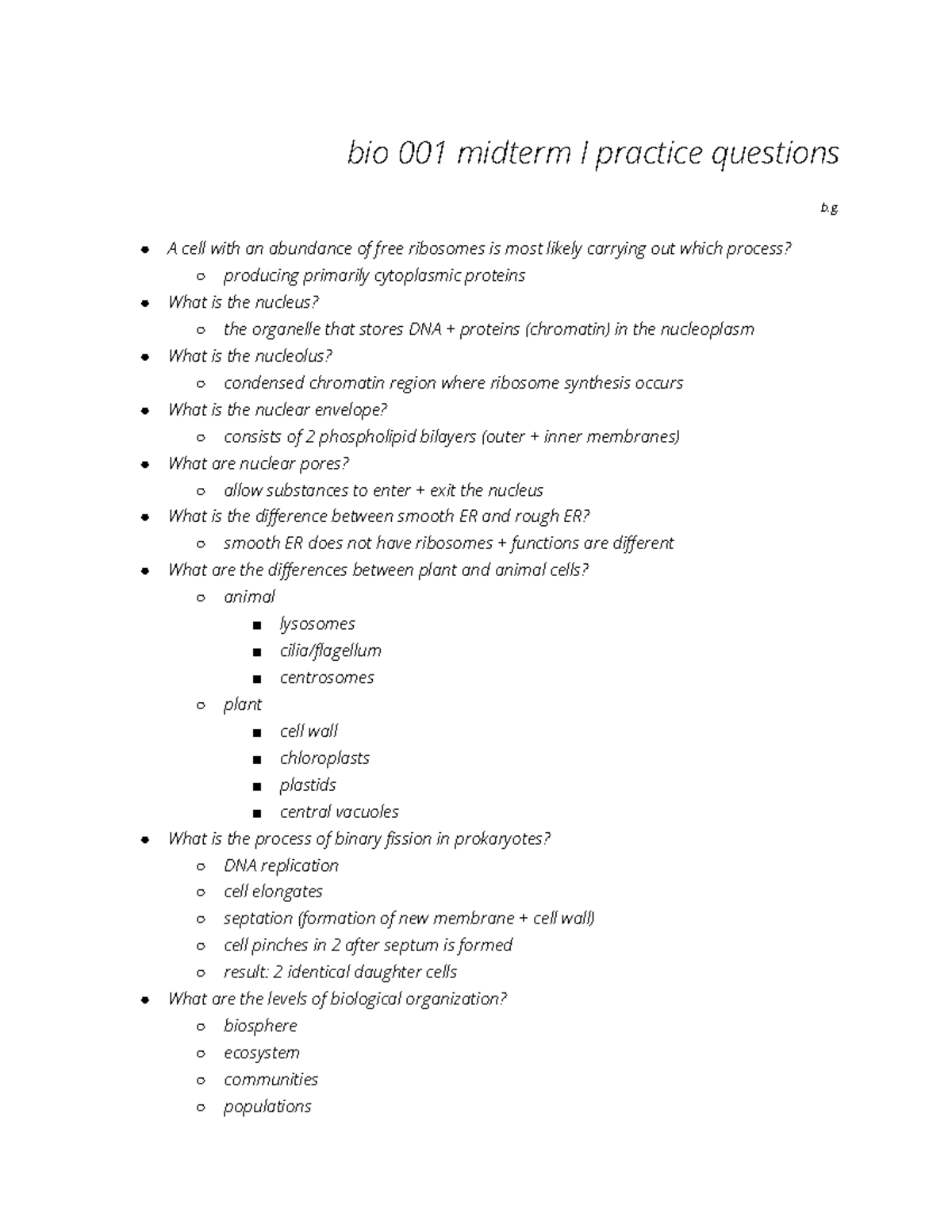 Bio 001 midterm practice questions - bio 001 midterm I practice ...