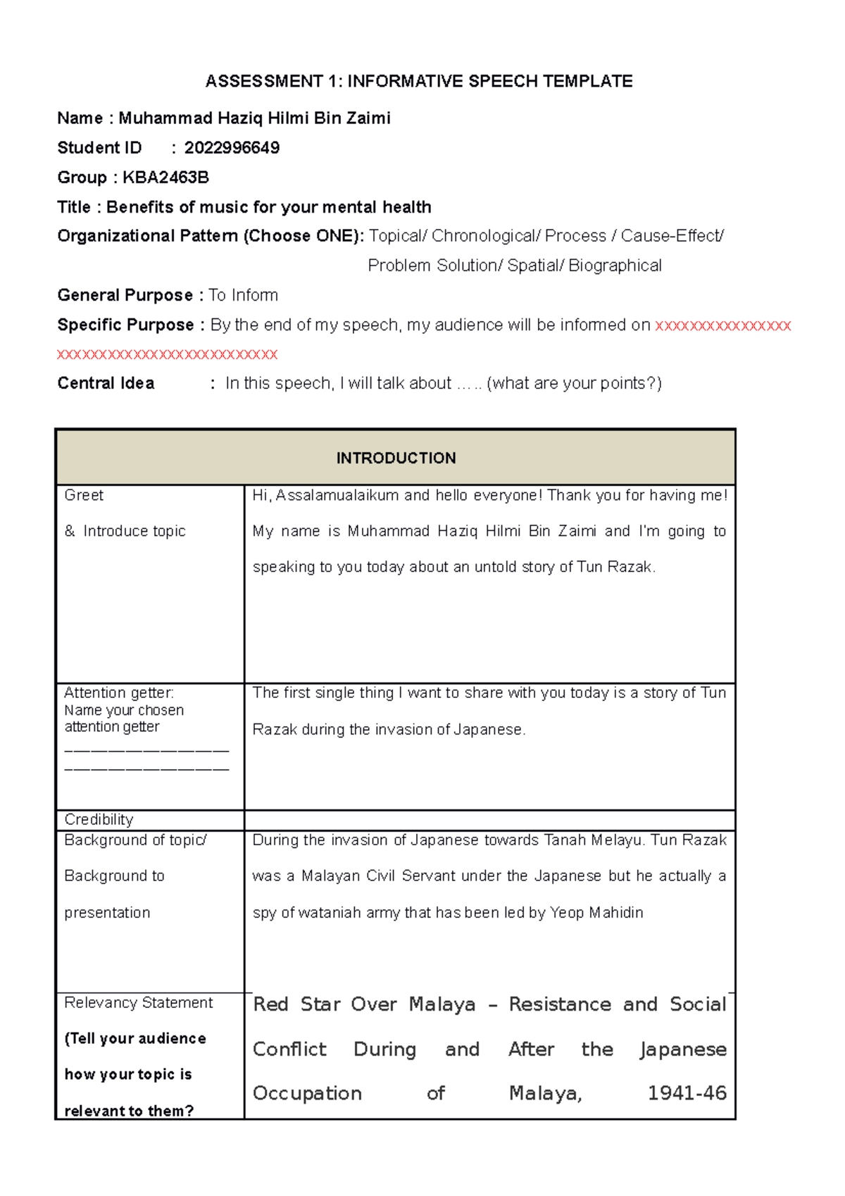 ELC590 Assessment 1 Informative Speech - ASSESSMENT 1: INFORMATIVE ...