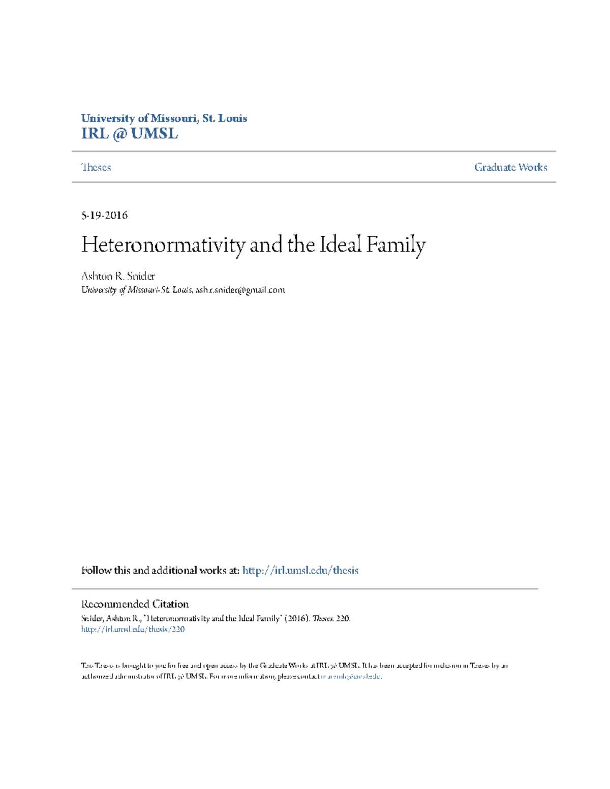 Heteronormativity and the Ideal Family - University of Missouri, St ...
