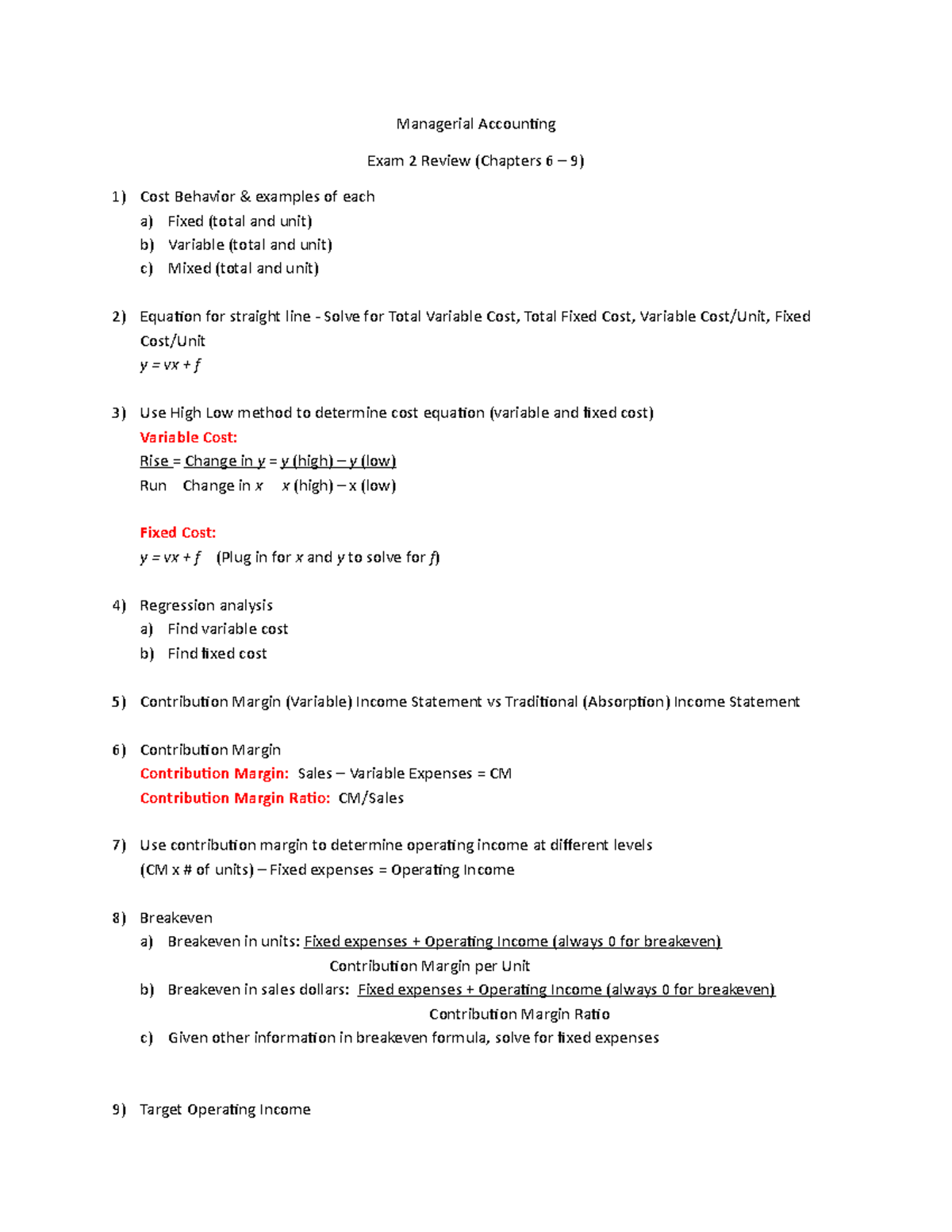 223 Exam 2 Outline - Spring 2022 (student) - Managerial Accounting Exam 2 Review (Chapters 6 – 9 ...
