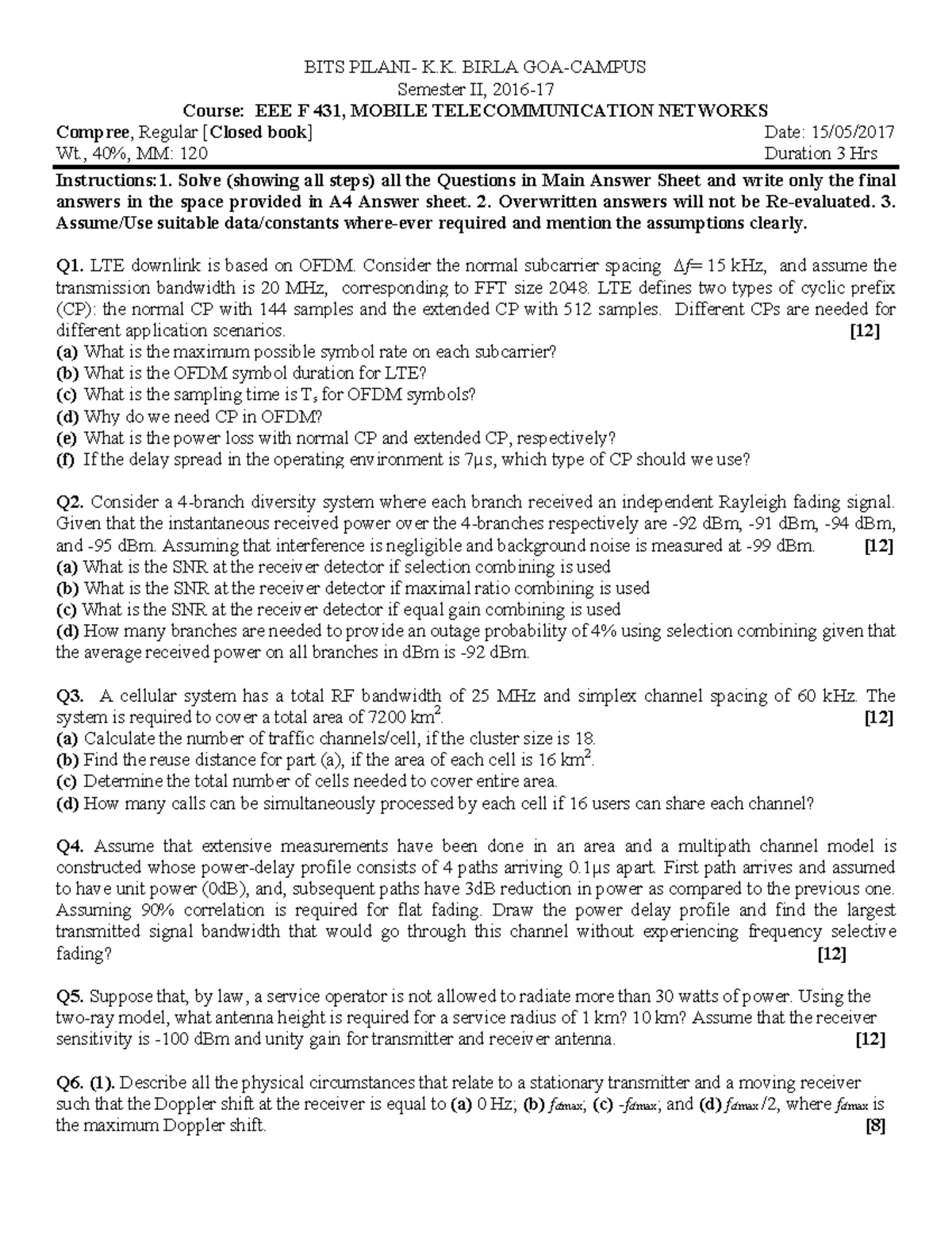 MTN Compre - 2016-2017 Sem 2 - BITS PILANI- K. BIRLA GOA-CAMPUS Semester II, 2016- Course: EEE F ...