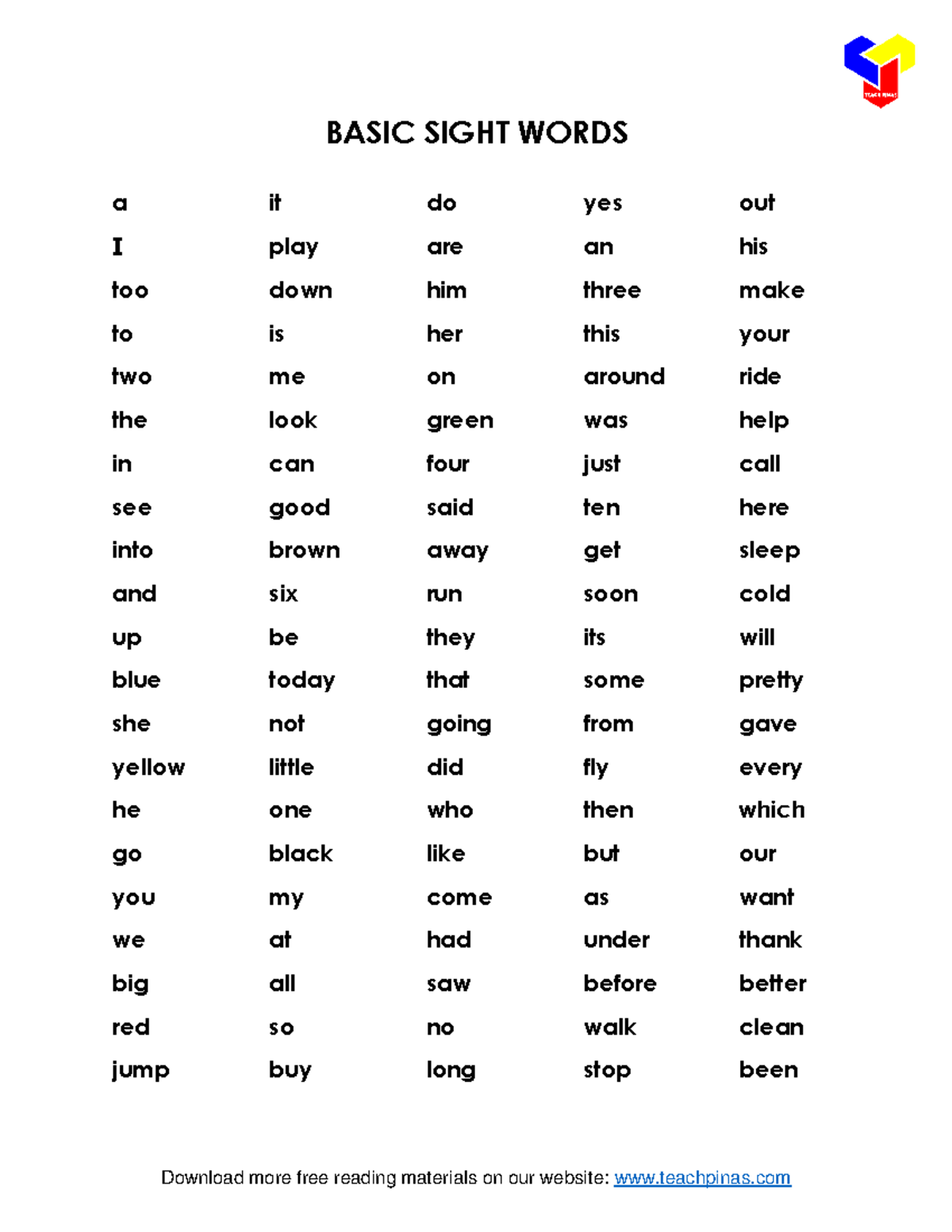 Basic Sight WORD - Download more free reading materials on our website ...