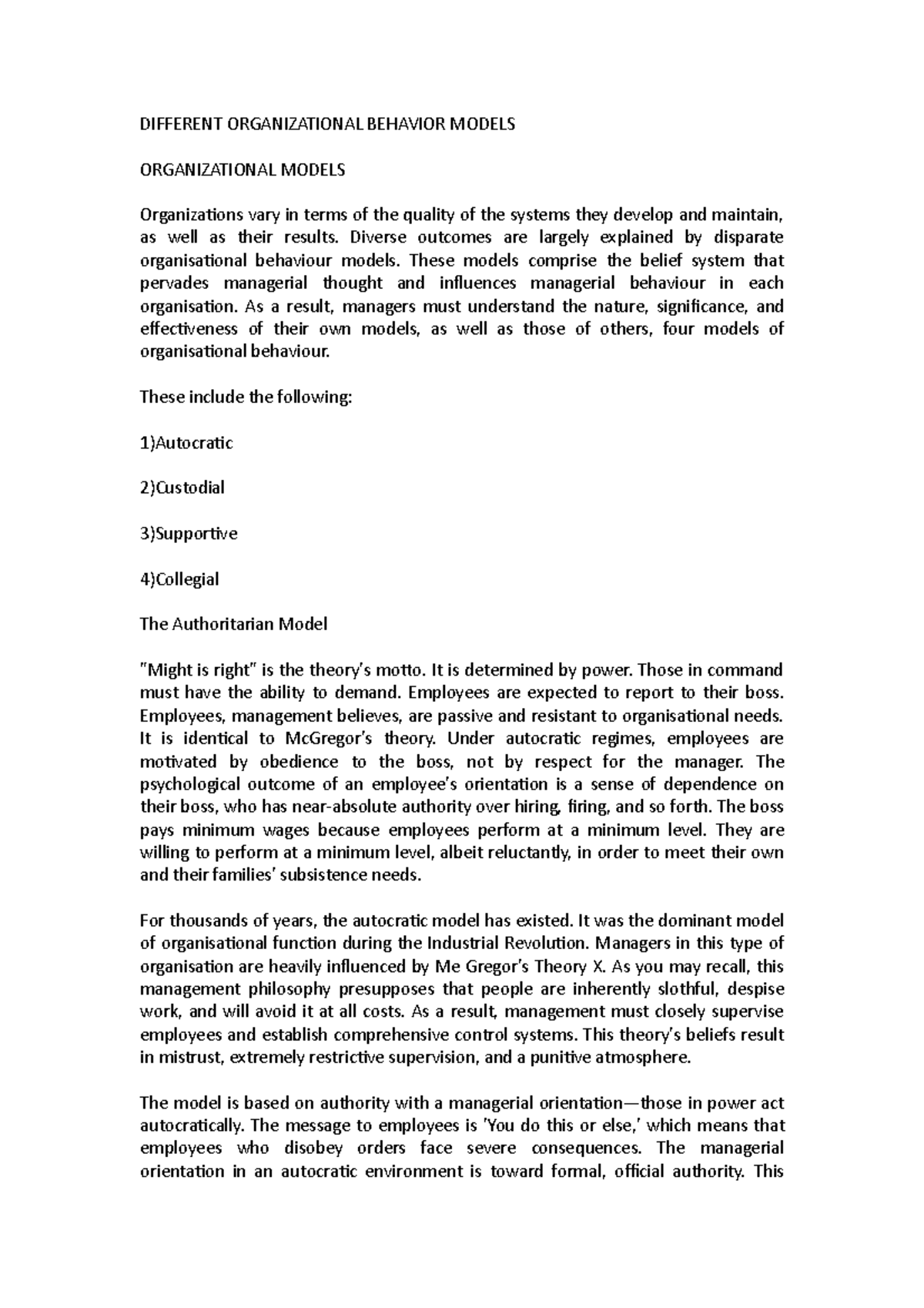 Different Organizational Behavior Models - DIFFERENT ORGANIZATIONAL ...