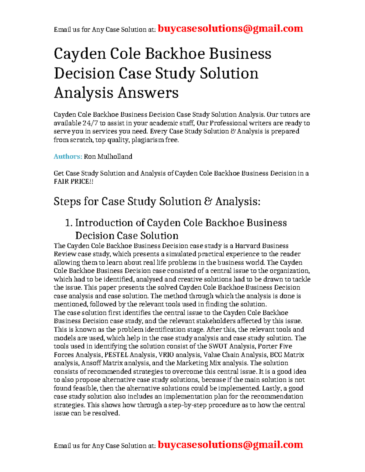 Case Solution Cayden Cole Backhoe Business Decision - Cayden Cole Backhoe Business Decision Case ...