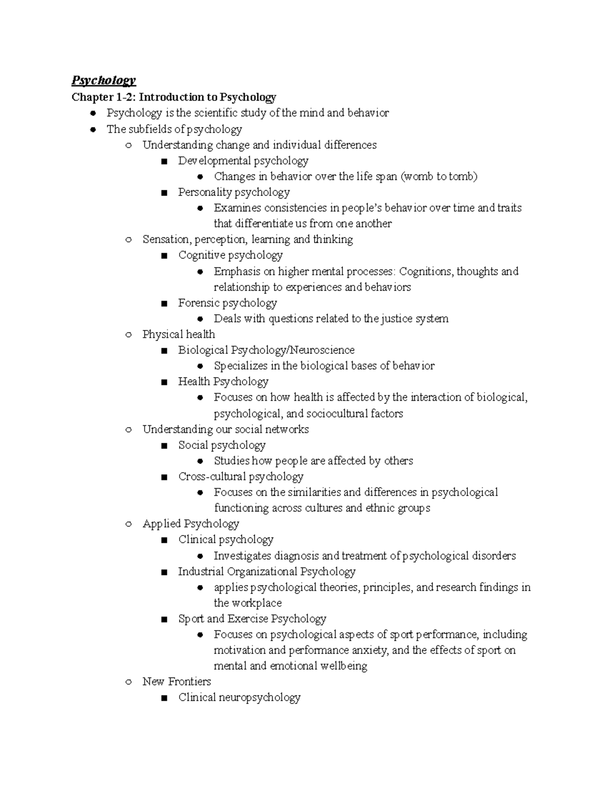 Psychology Notes - Psychology Chapter 1-2: Introduction to Psychology ...