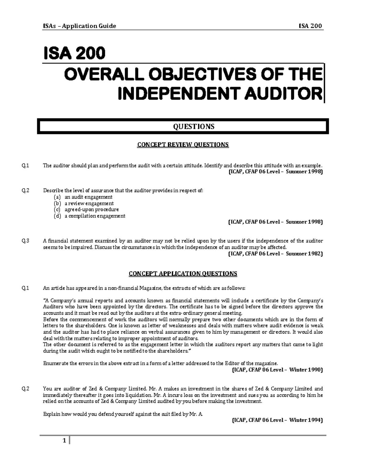 AARS Practice Questions - ISAs – Application Guide ISA 200 ISA 2 00 ...