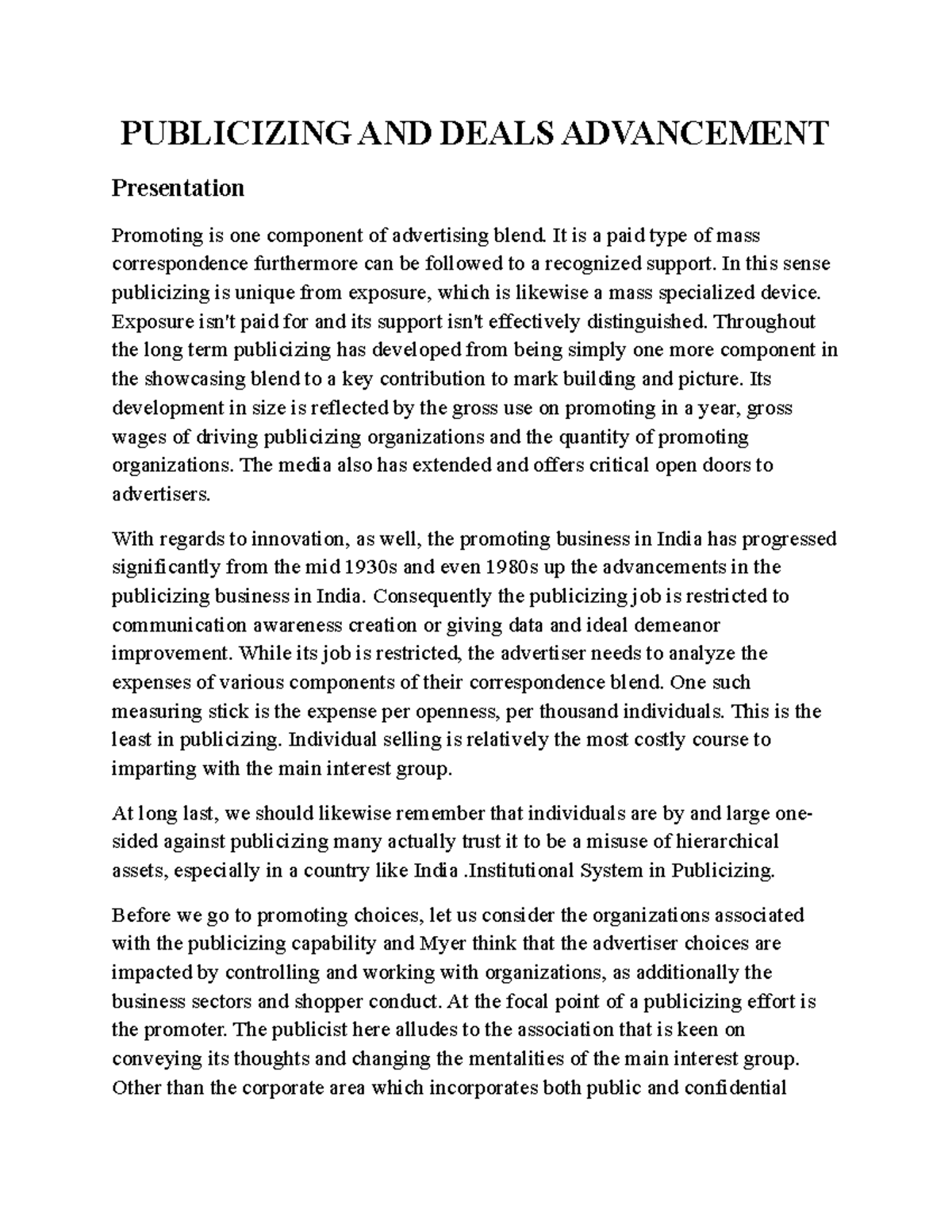 Publicizing AND Deals Advancement - PUBLICIZING AND DEALS ADVANCEMENT ...