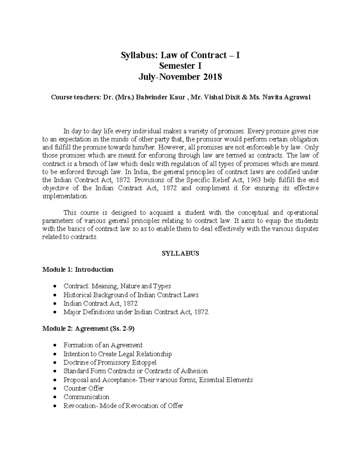Law of Contract-I Public International Law labor Law law of taxation ...
