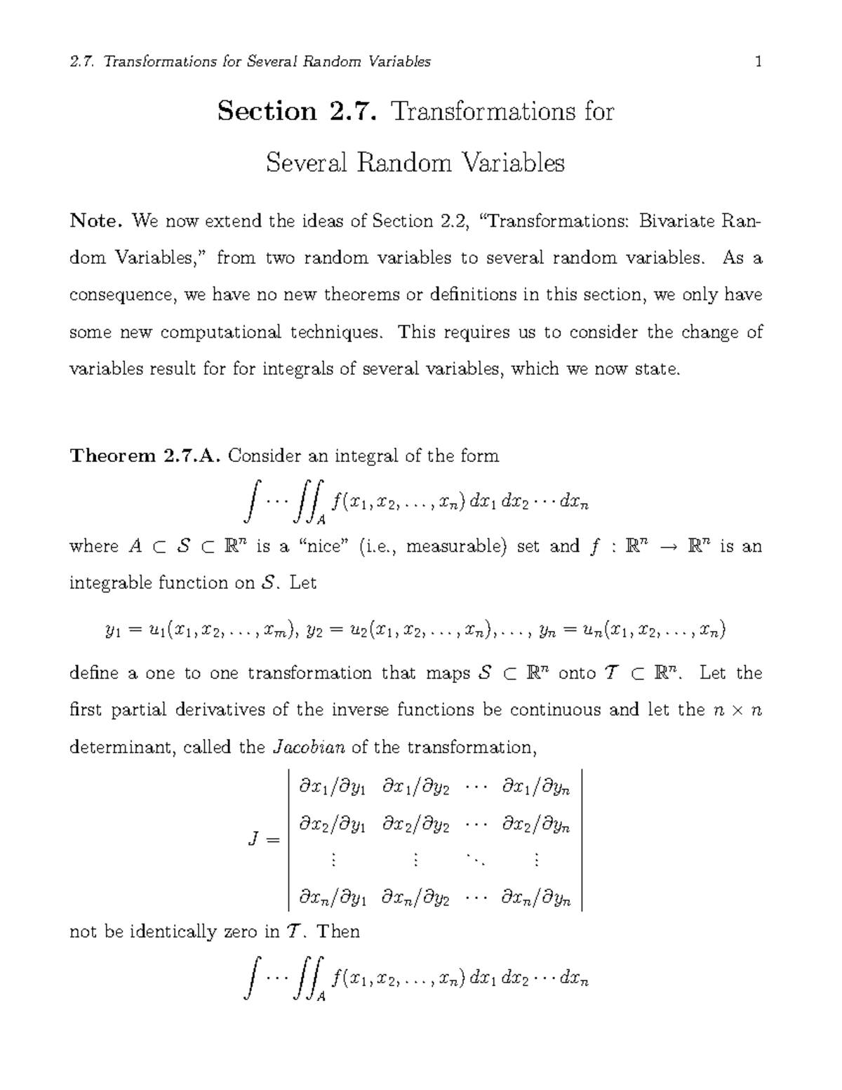 Hogg Mc Kean Craig 2 7 - Section 2. Transformations for Several Random Variables Note. We now ...