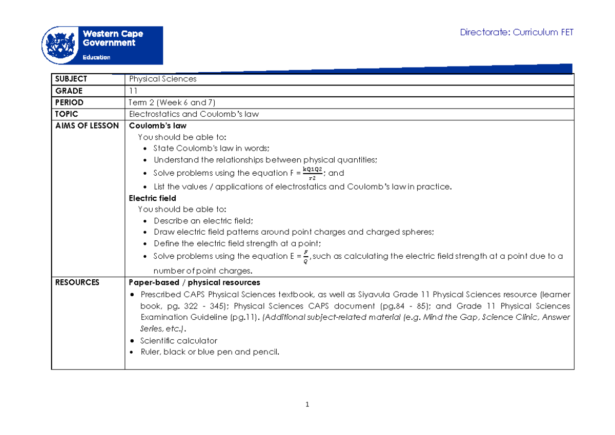 Physical Sciences Grade 11 Term 2 Weeks 6 and 7 2020 - Directorate ...