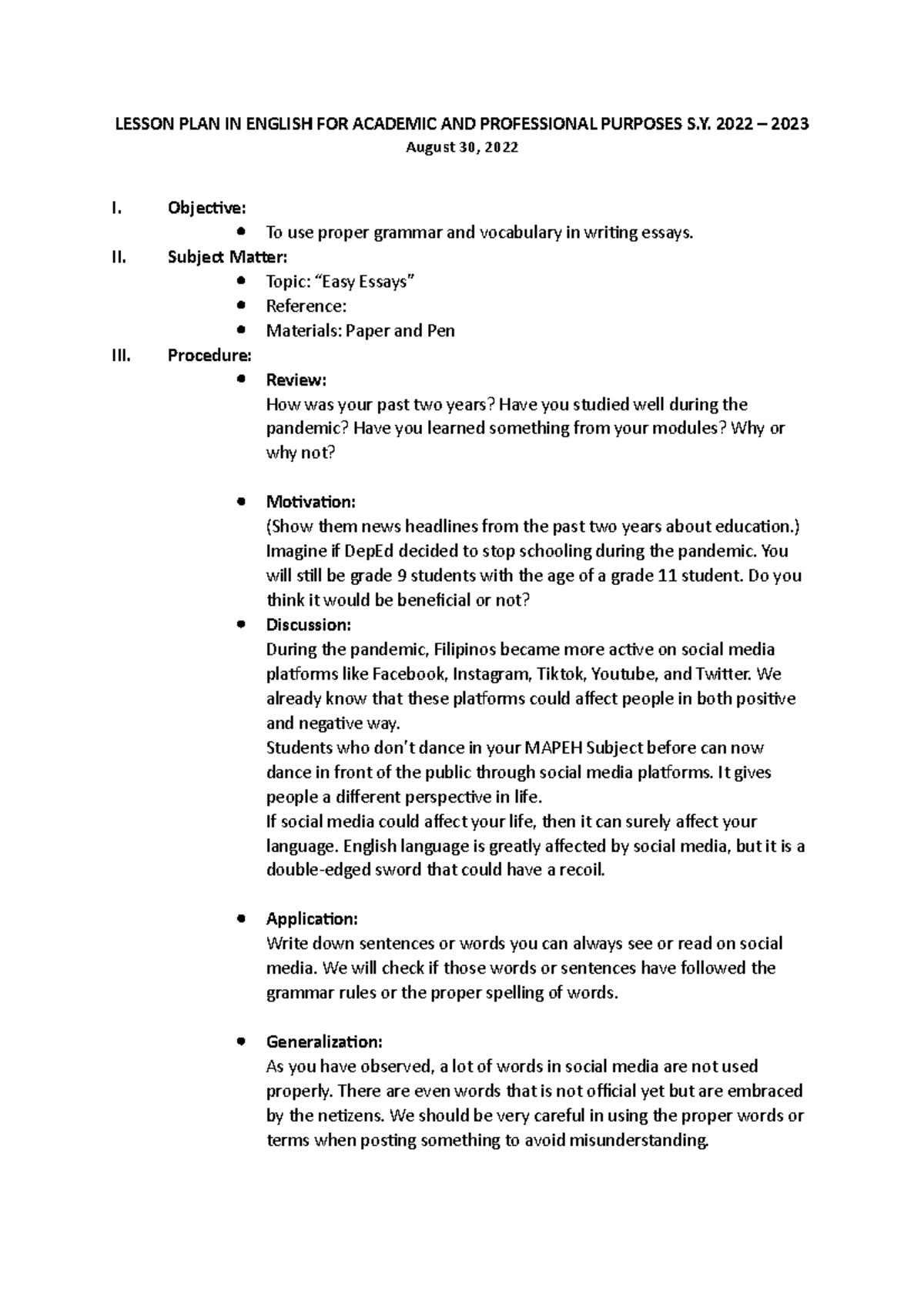 Lesson Plan in Writing - LESSON PLAN IN ENGLISH FOR ACADEMIC AND ...