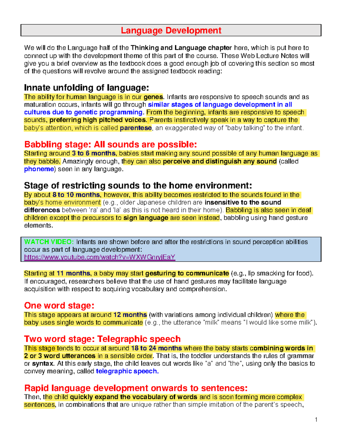 Language - Lecture notes 1 - 1 Language Development We will do the ...