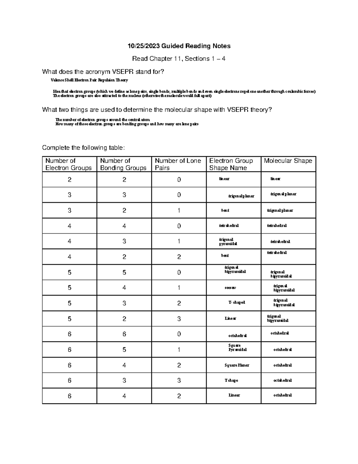1025 Guided Reading Notes - CHEM105aLg - 10 / 25 /2023 Guided Reading ...