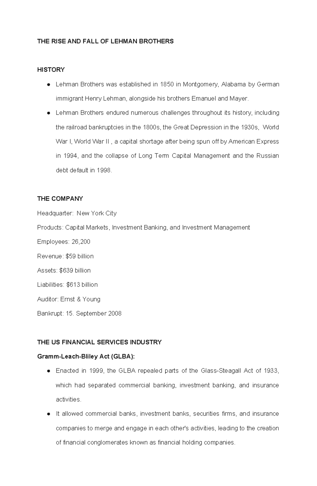 Lehman-1 - THE RISE AND FALL OF LEHMAN BROTHERS HISTORY Lehman Brothers was established in 1850 ...