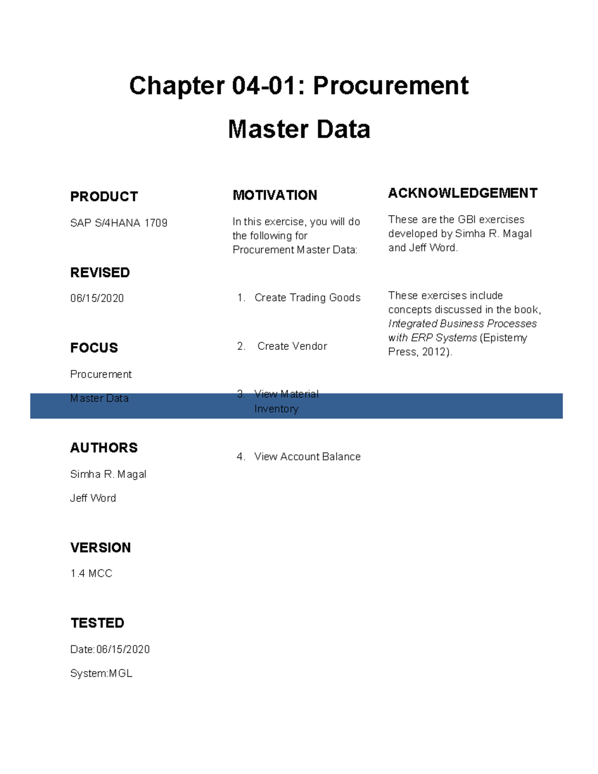 Ch.04-01 Procurement Master Data - S4HANA 1709 MCC V1.4 - Tagged - Chapter 04-01: Procurement ...