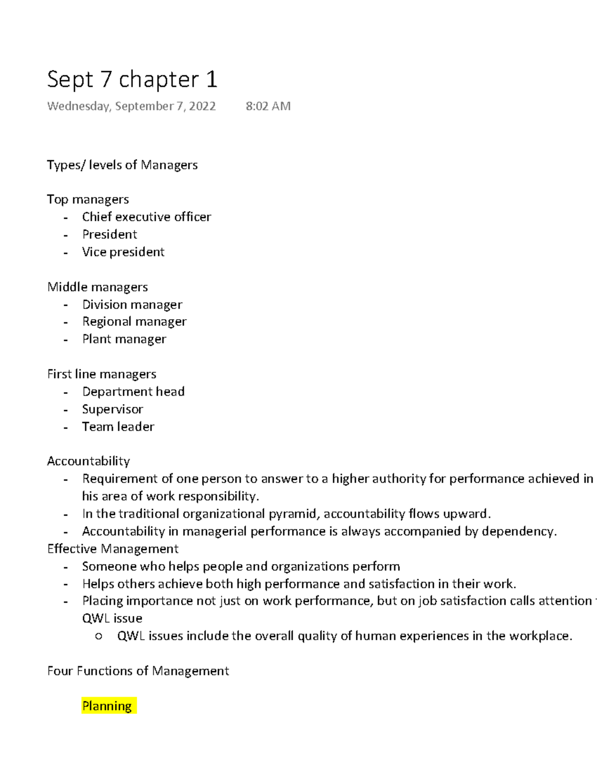 Sept 7 chapter 1 - Types/levels of manager Functions of Management ...