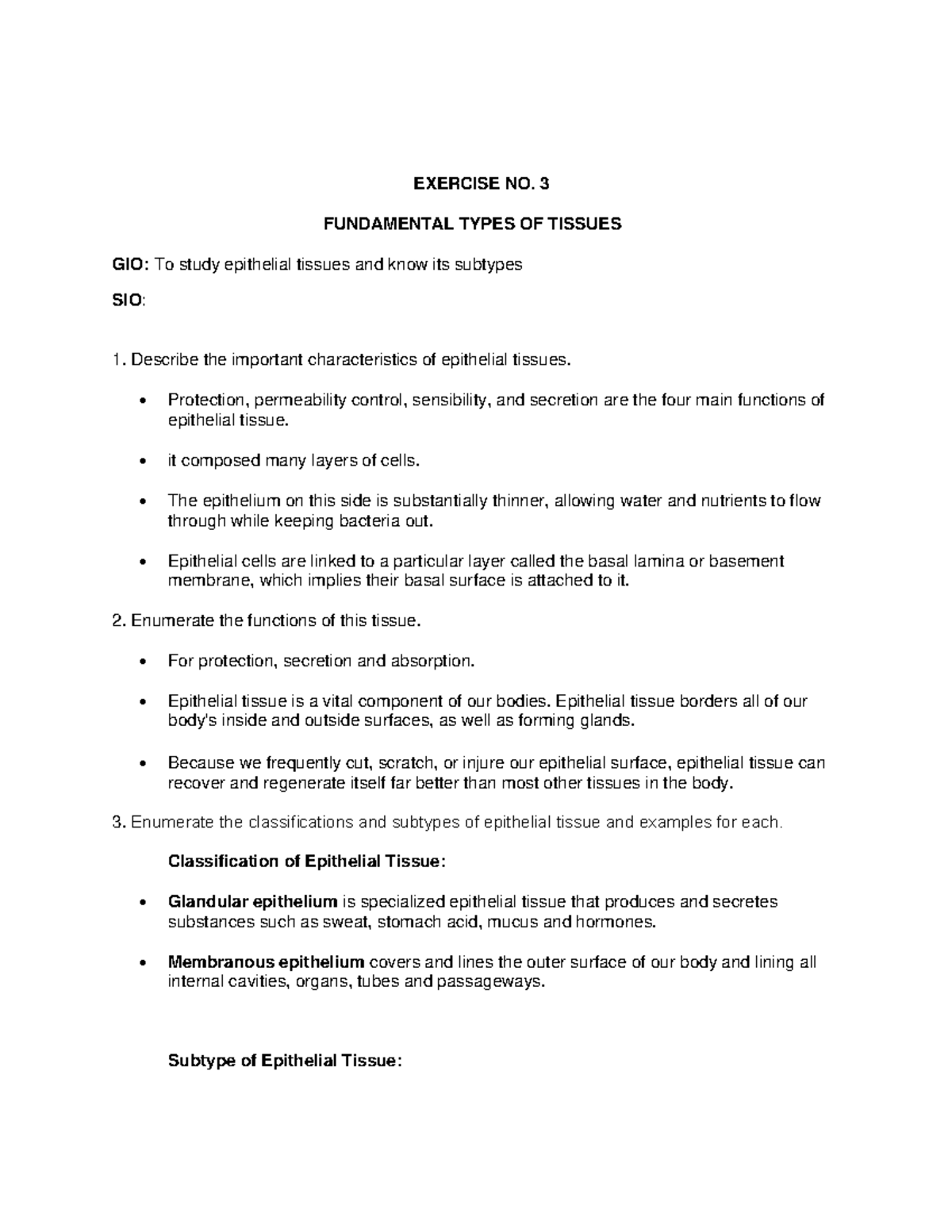 ( Anatomy & Physiology) Fundamental Types OF Tissue - EXERCISE NO. 3 ...