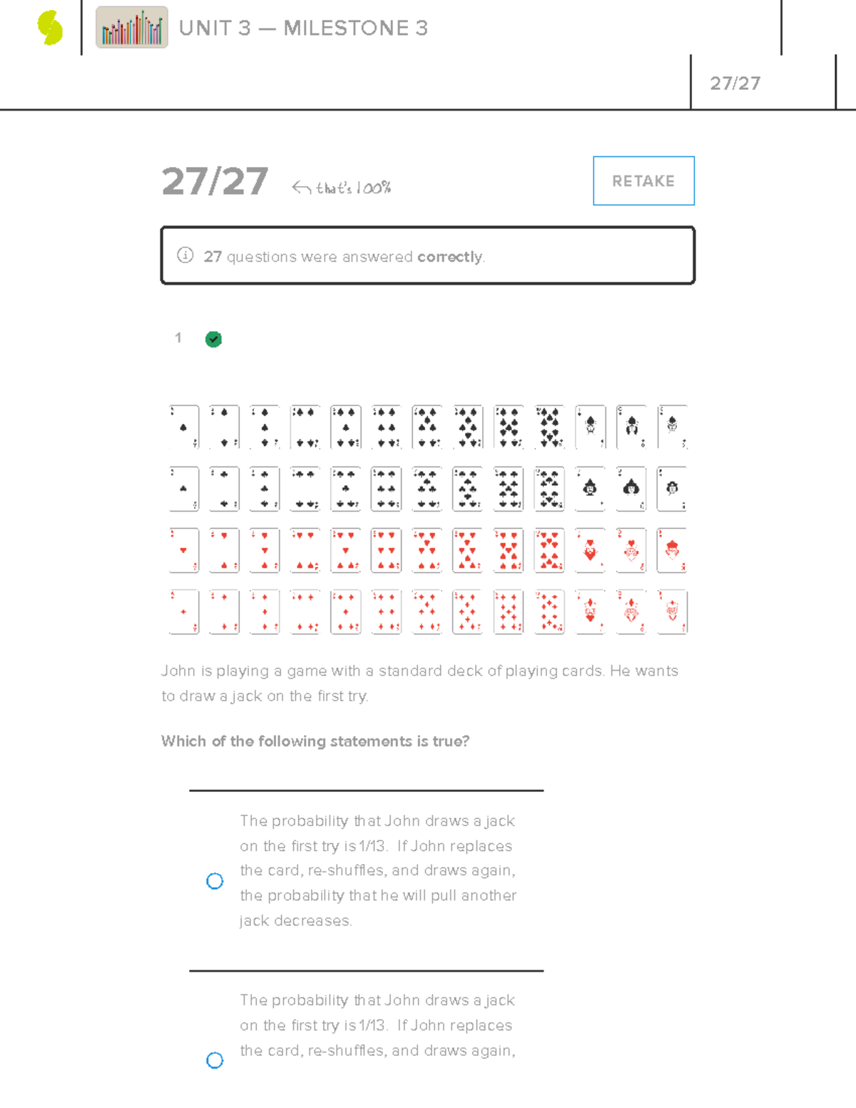 Stats Milestone 3-Sophia - 1 27/27 that's 100% RETAKE 27 questions were ...