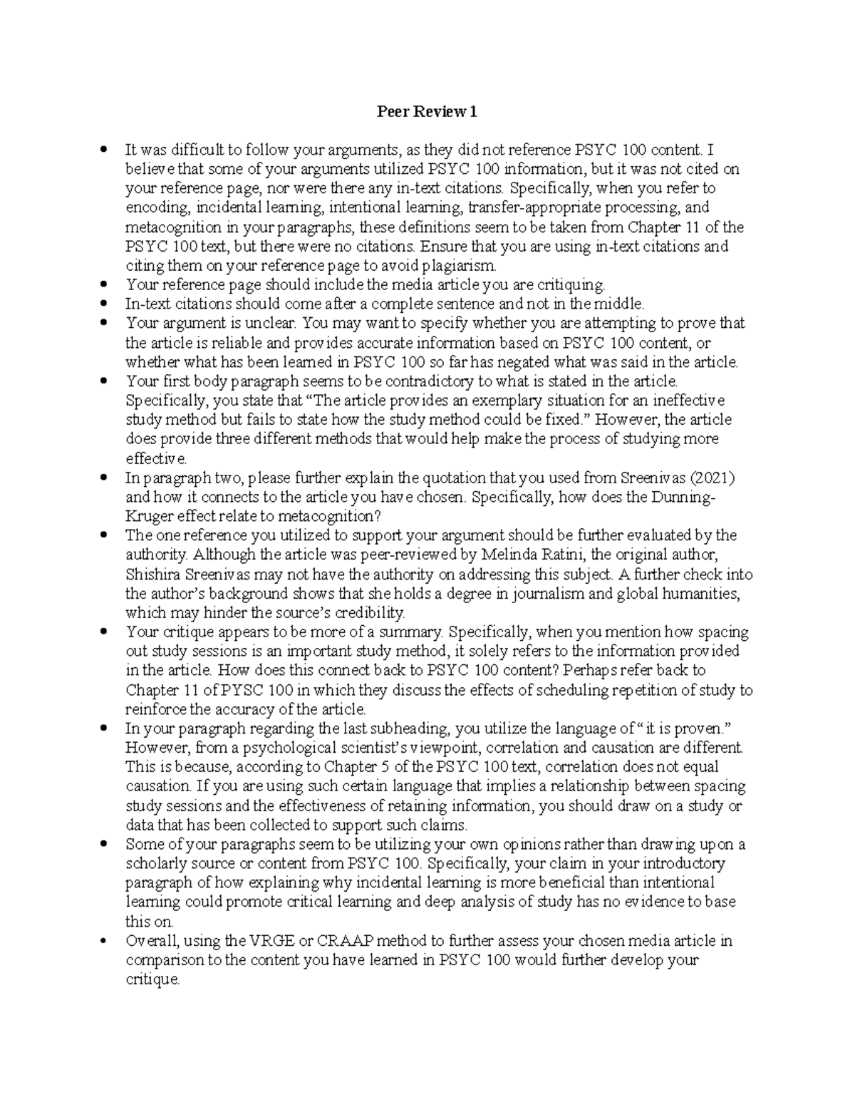 PSYC 100 Mega Lab - Peer Review 1 - Peer Review 1 It was difficult to ...