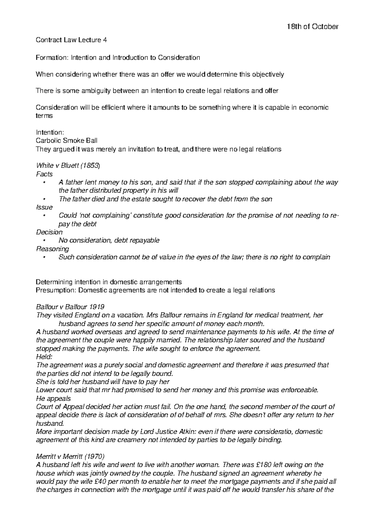 Contract law lecture 4 - Formation: Intention and Introduction to ...