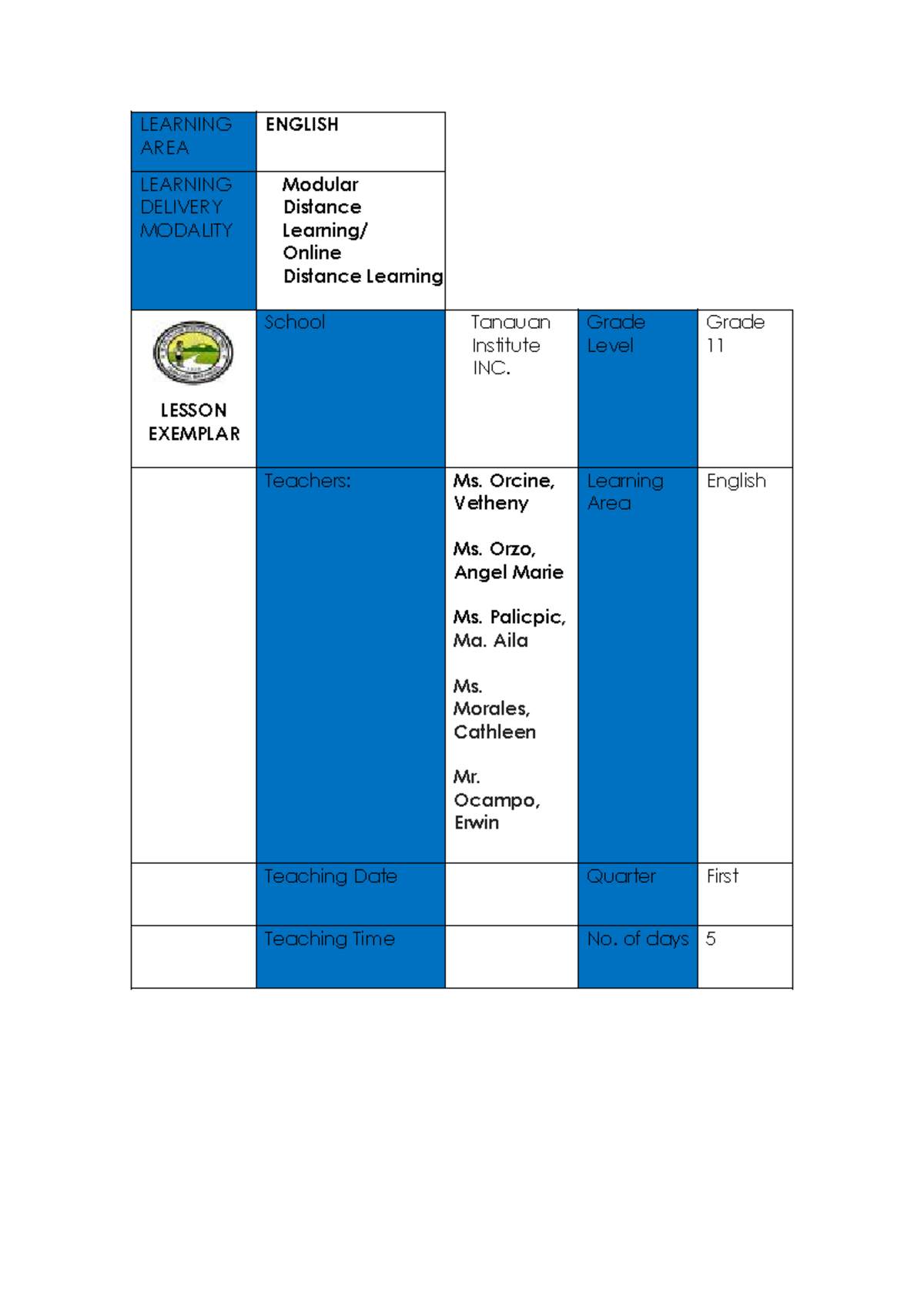 Group 10 G11 Exemplar - Lesson Plan - LEARNING AREA ENGLISH LEARNING ...