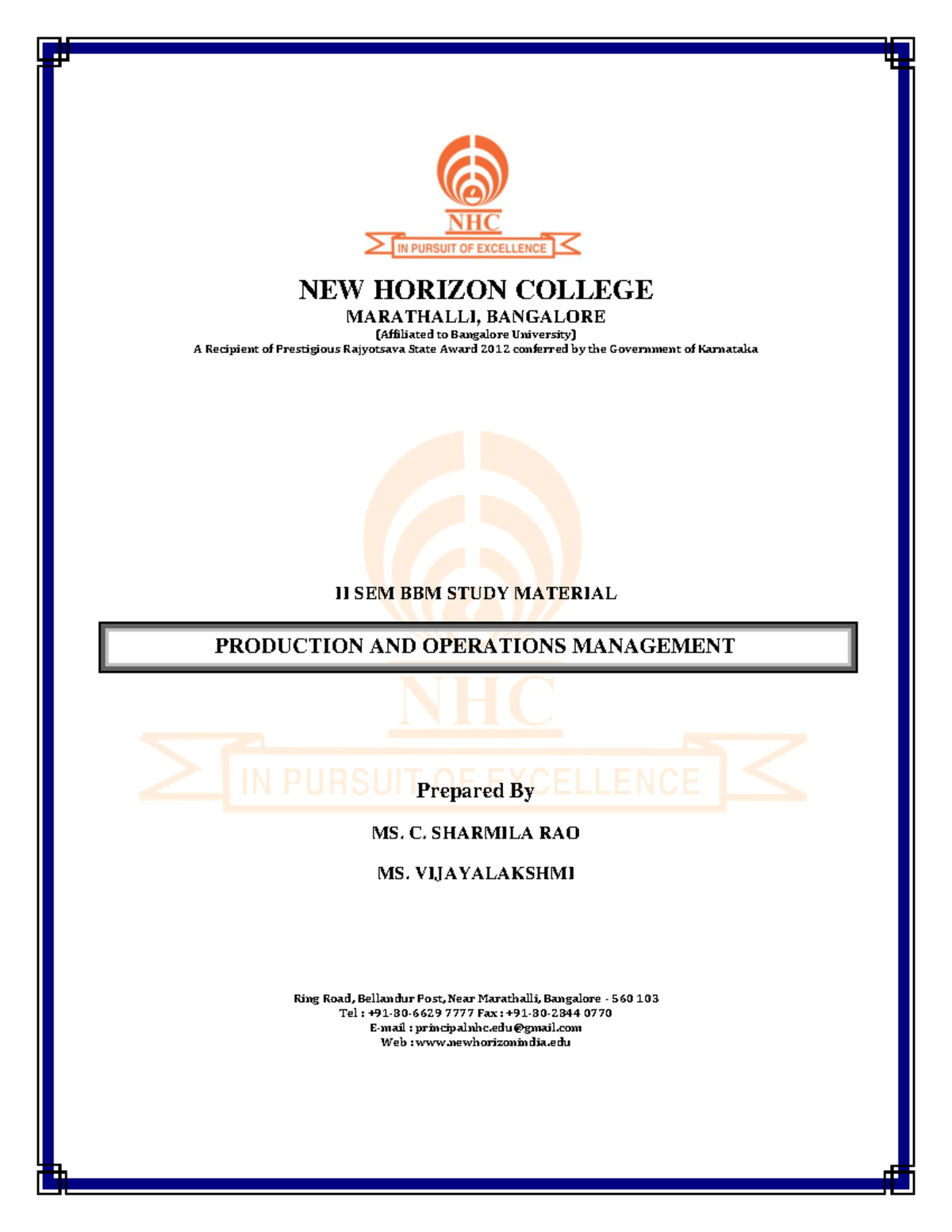 Production AND Operations Management Notes - NEW HORIZON COLLEGE ...