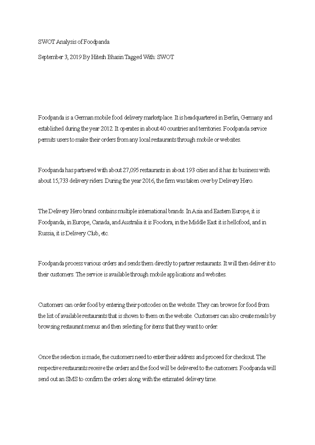 SWOT Analysis of Foodpanda - SWOT Analysis of Foodpanda September 3 ...