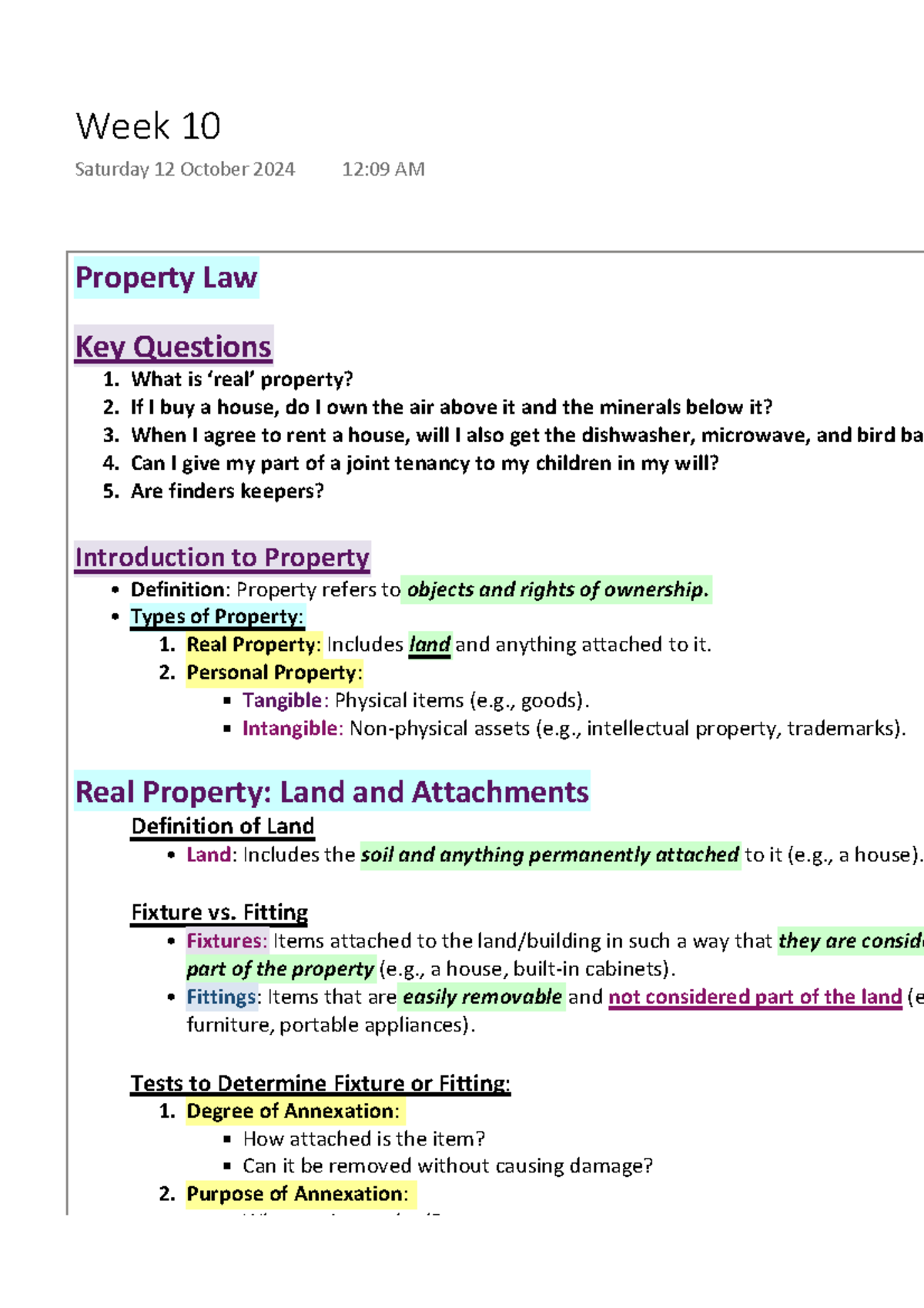 Week 10 - Week 10 Lecture Notes - Property Law Key Questions What is ...