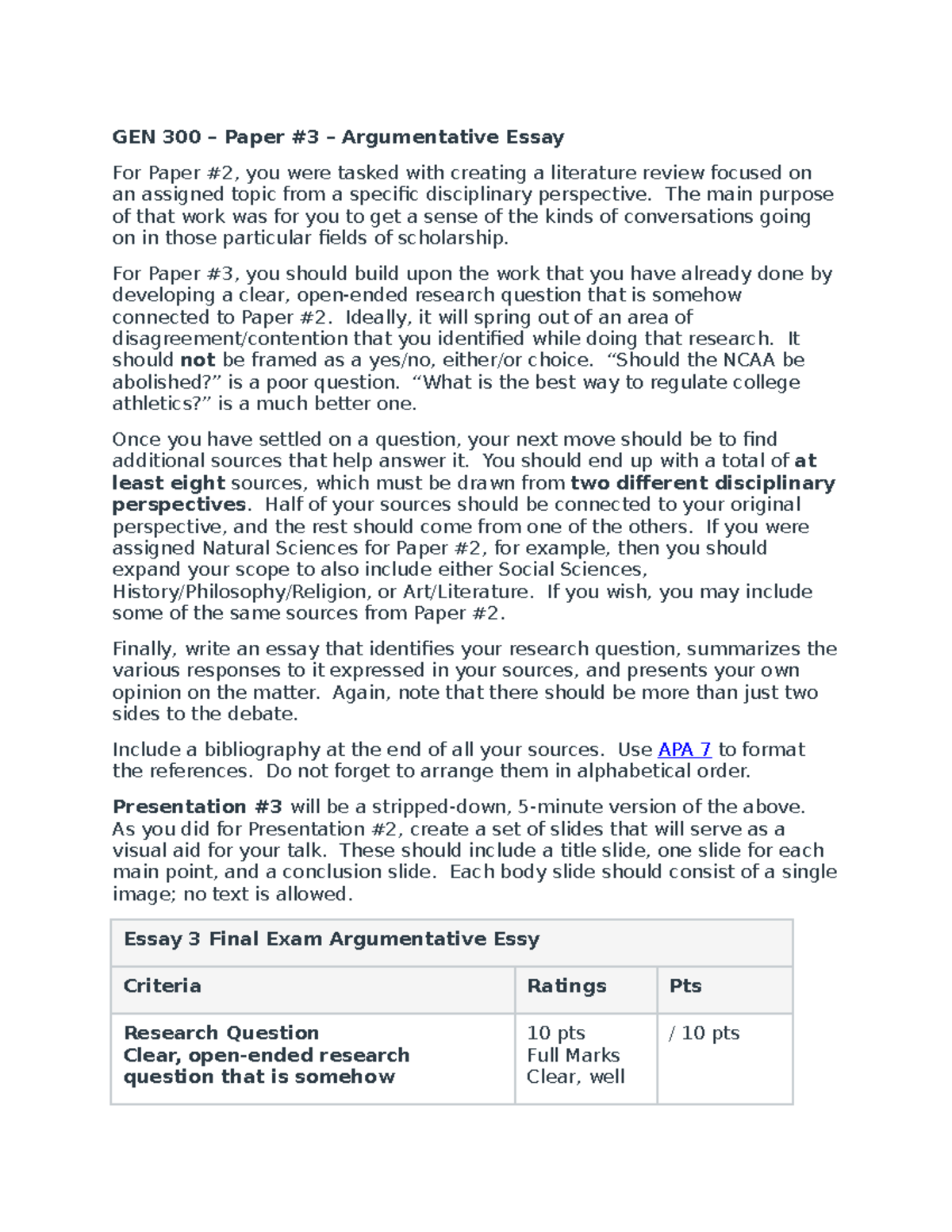 Argumentative essay guide - GEN 300 – Paper #3 – Argumentative Essay ...