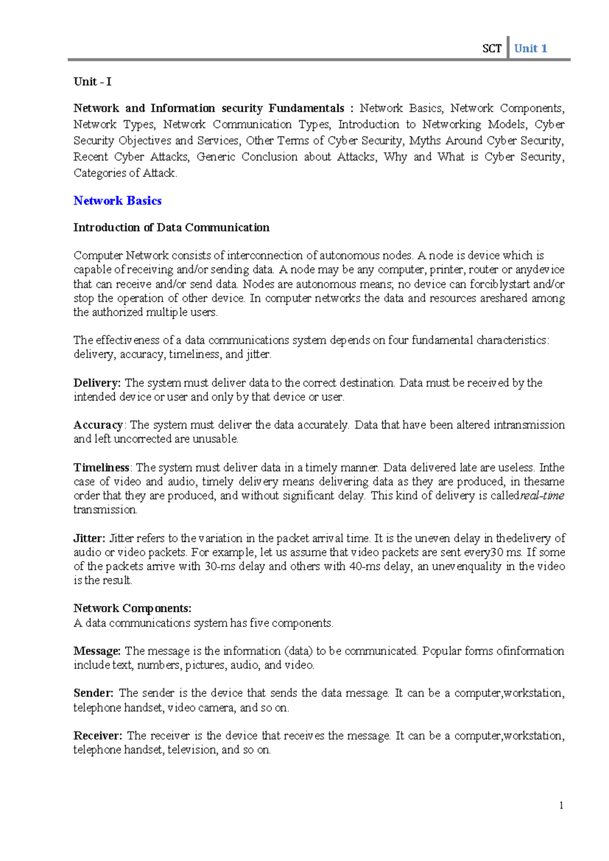 SCT UNIT-1 - Unit - I Network and Information security Fundamentals : Network Basics, Network ...