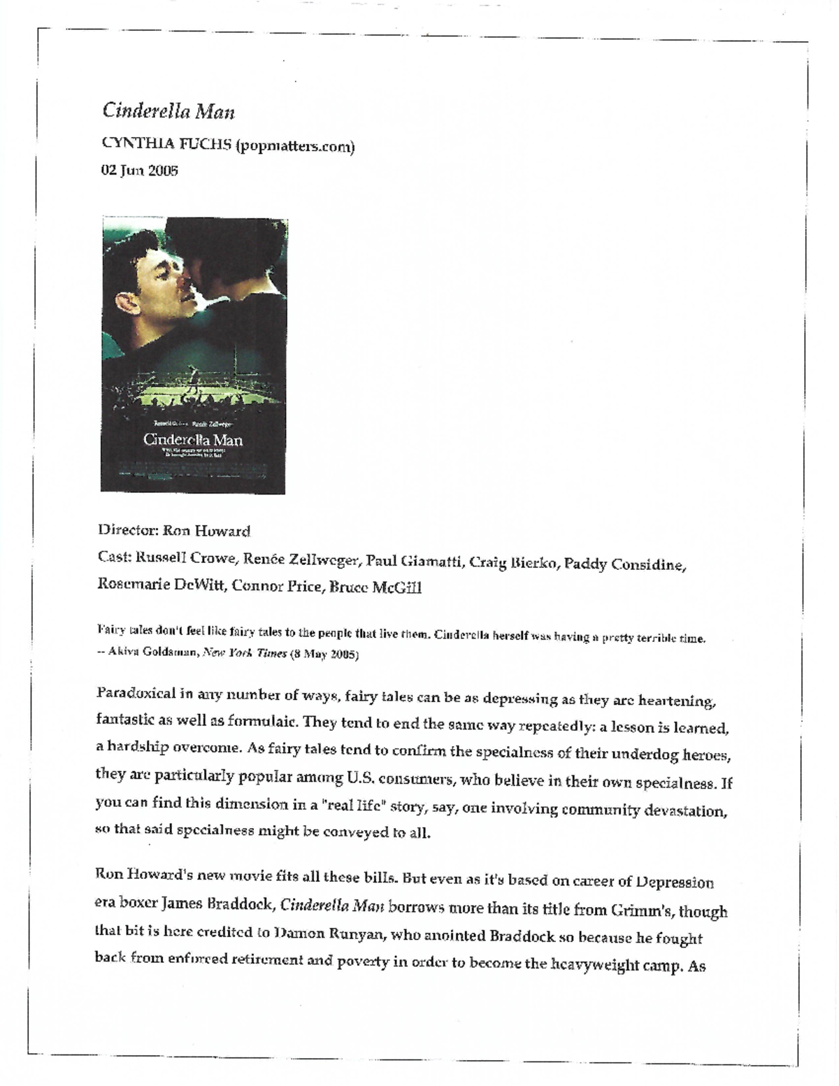 CM Critic Reviews - Cinderella Man CYNTHIA FUCHS (popmatters) 02 Jun ...