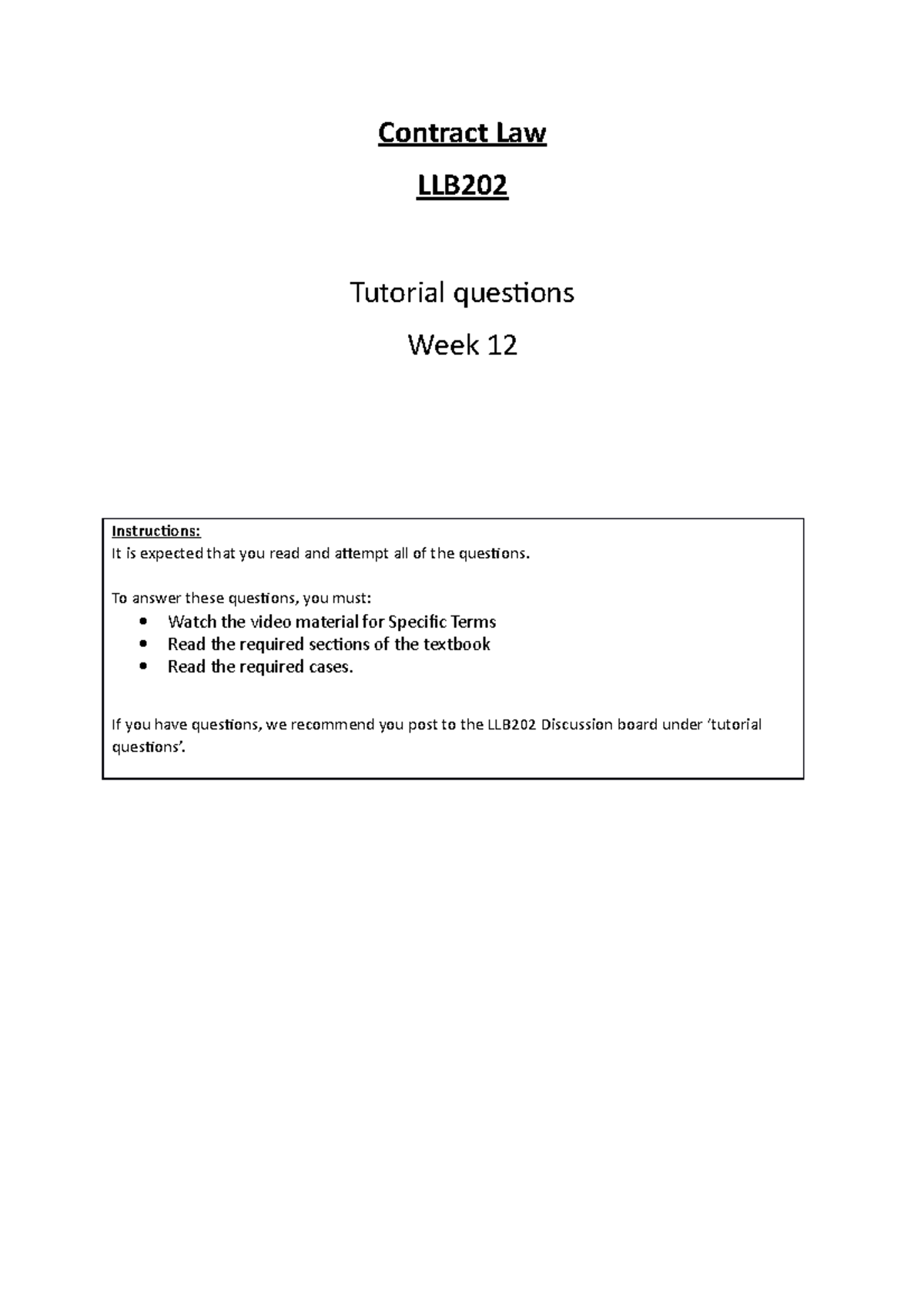 2022 LLB202 Week 12 Tutorial Questions - Contract Law LLB Tutorial ...