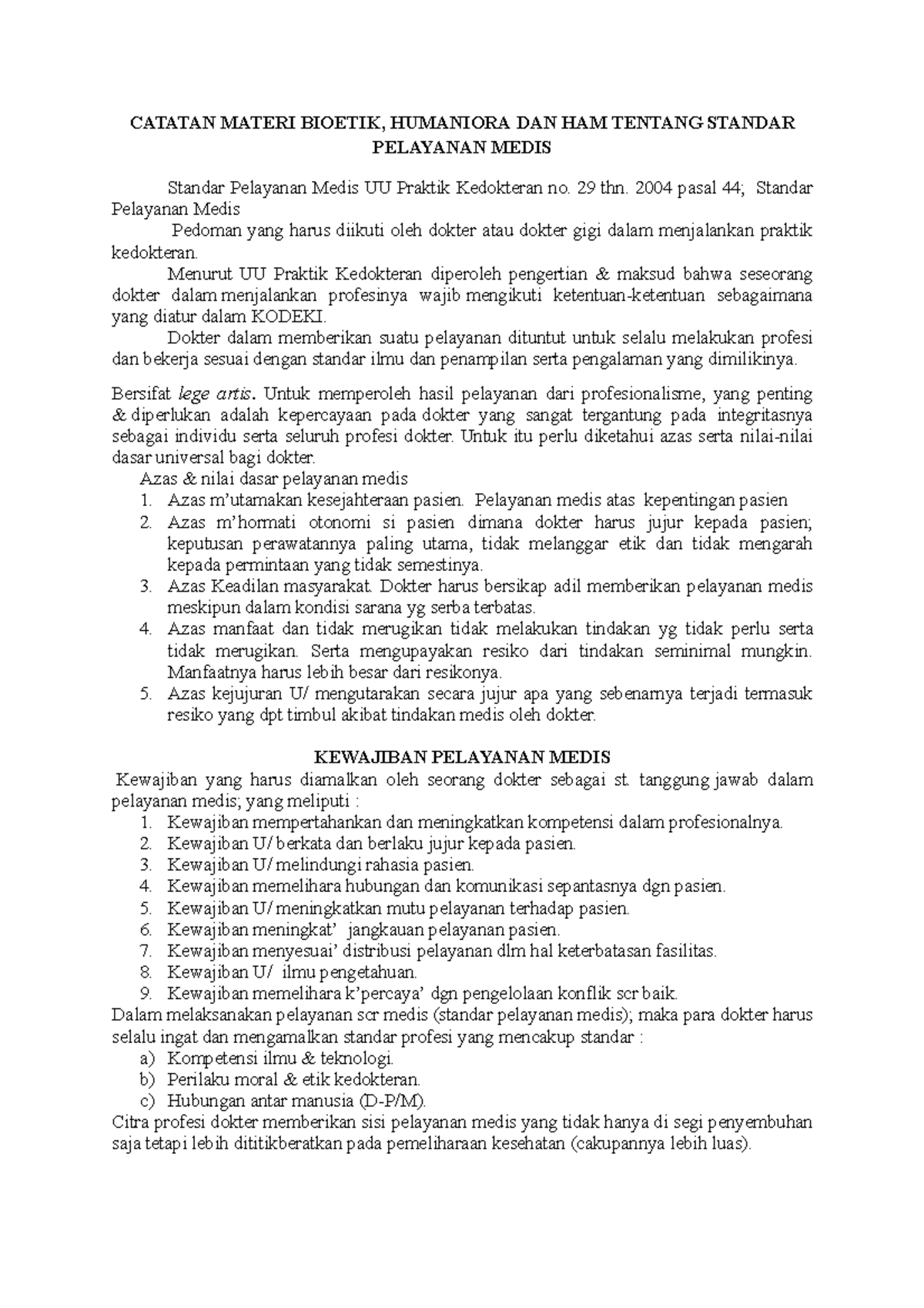 Catatan Materi Bioetik Humaniora Dan Ham Tentang Standar Pelayanan