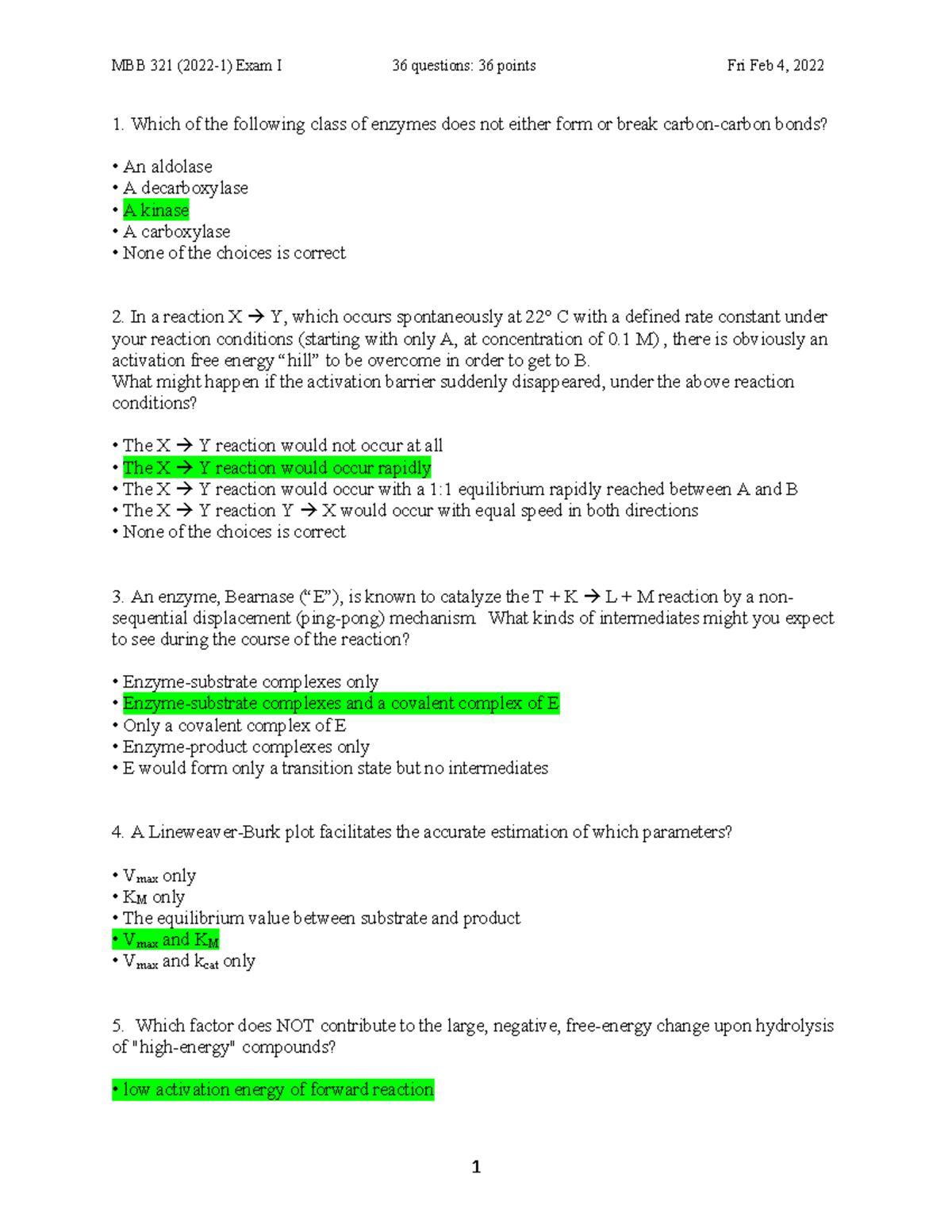 MBB 321 Exam 1 with answers - Which of the following class of enzymes ...