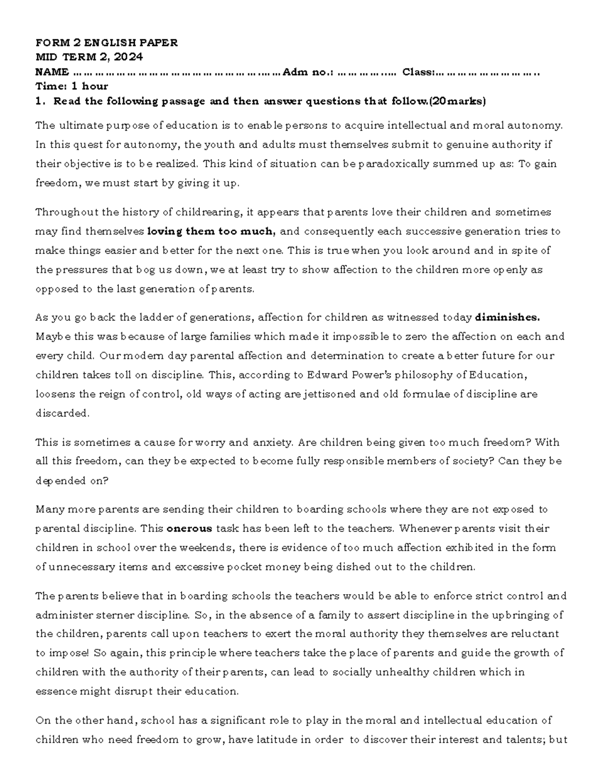 English F2 QS - Notes - FORM 2 ENGLISH PAPER MID TERM 2, 20 24 NAME ...