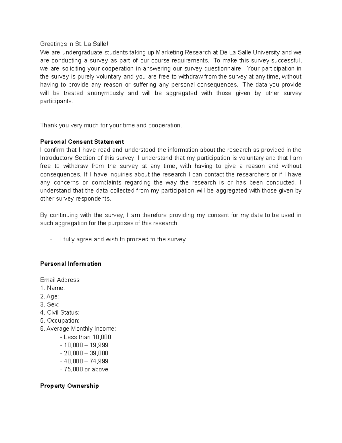 Survey Questionnaire - Greetings in St. La Salle! We are undergraduate ...