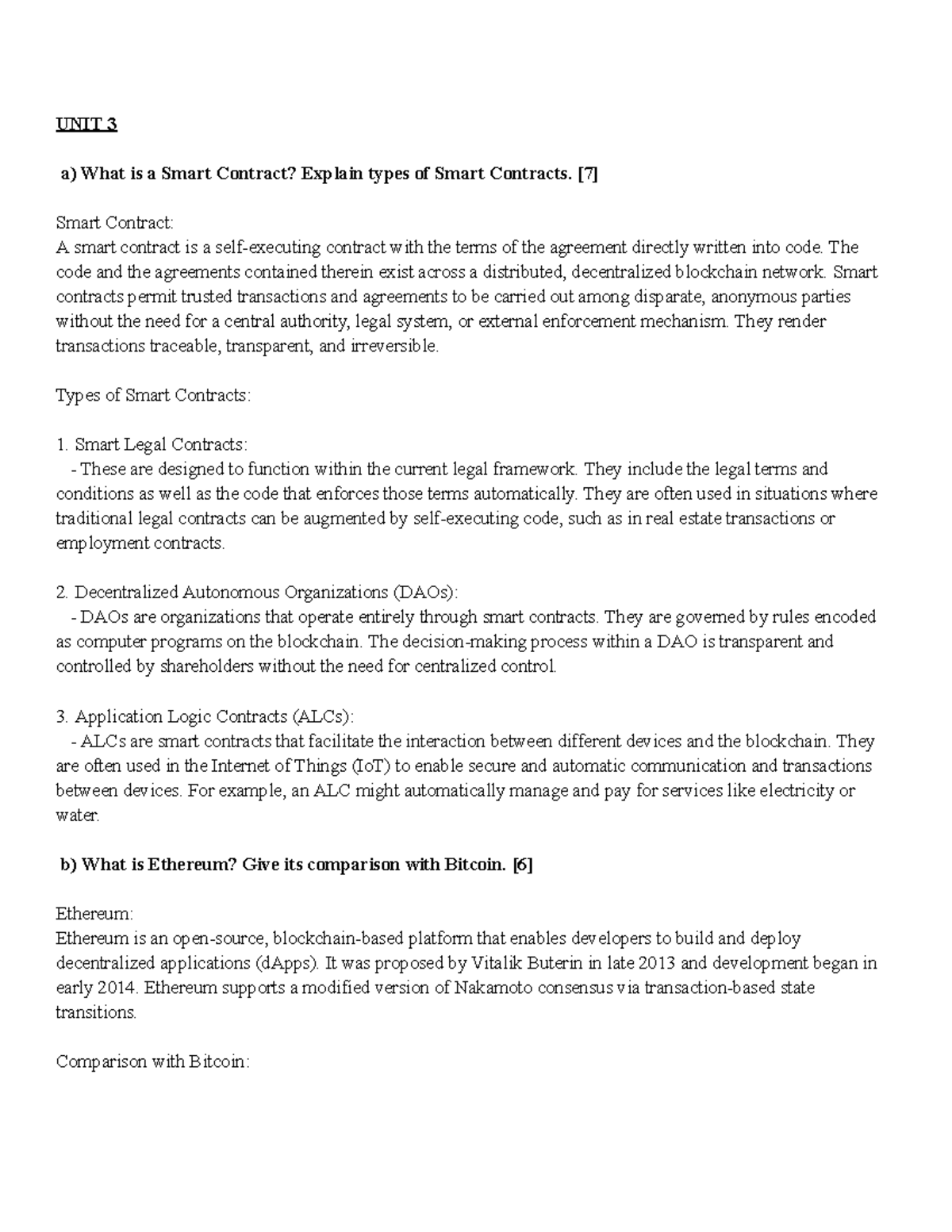 BCT - UNIT 3 a) What is a Smart Contract? Explain types of Smart Contracts. [7] Smart Contract ...