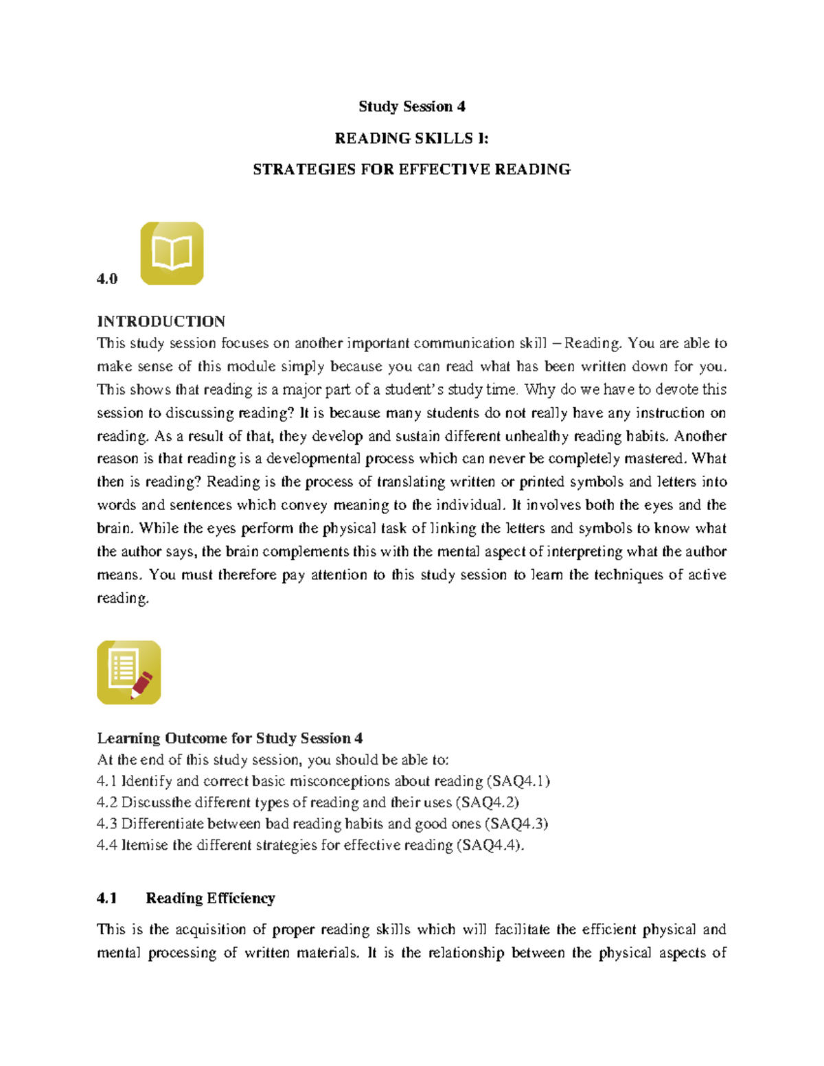 GST105 Study Session 4 - Study Session 4 READING SKILLS I: STRATEGIES ...