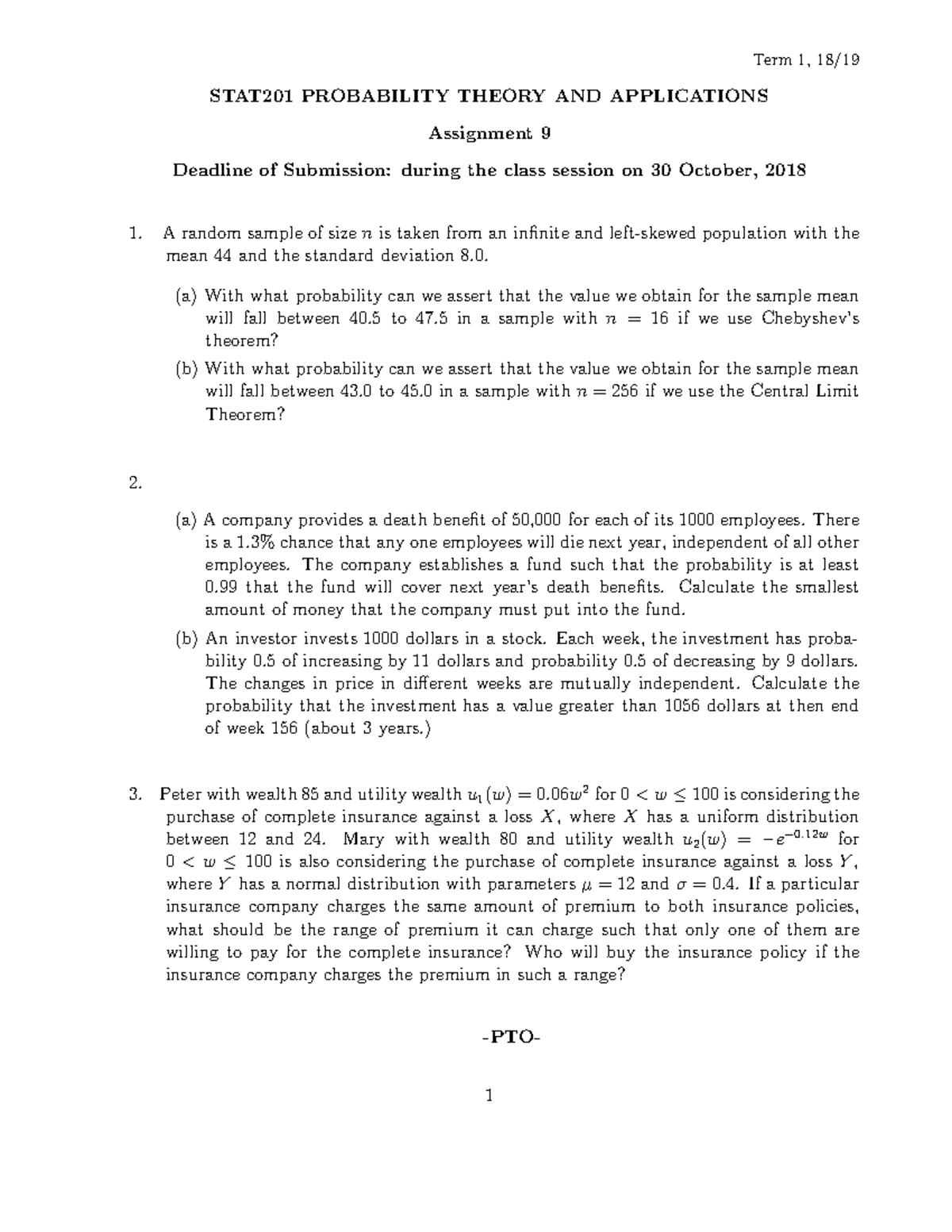 Assignment 9 - Questions - Term 1, 18/ STAT201 PROBABILITY THEORY AND APPLICATIONS Assignment 9 ...