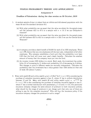 Homework 9 - Term 2, 22/ STAT201 PROBABILITY THEORY AND APPLICATIONS Homework 9 A random sample ...
