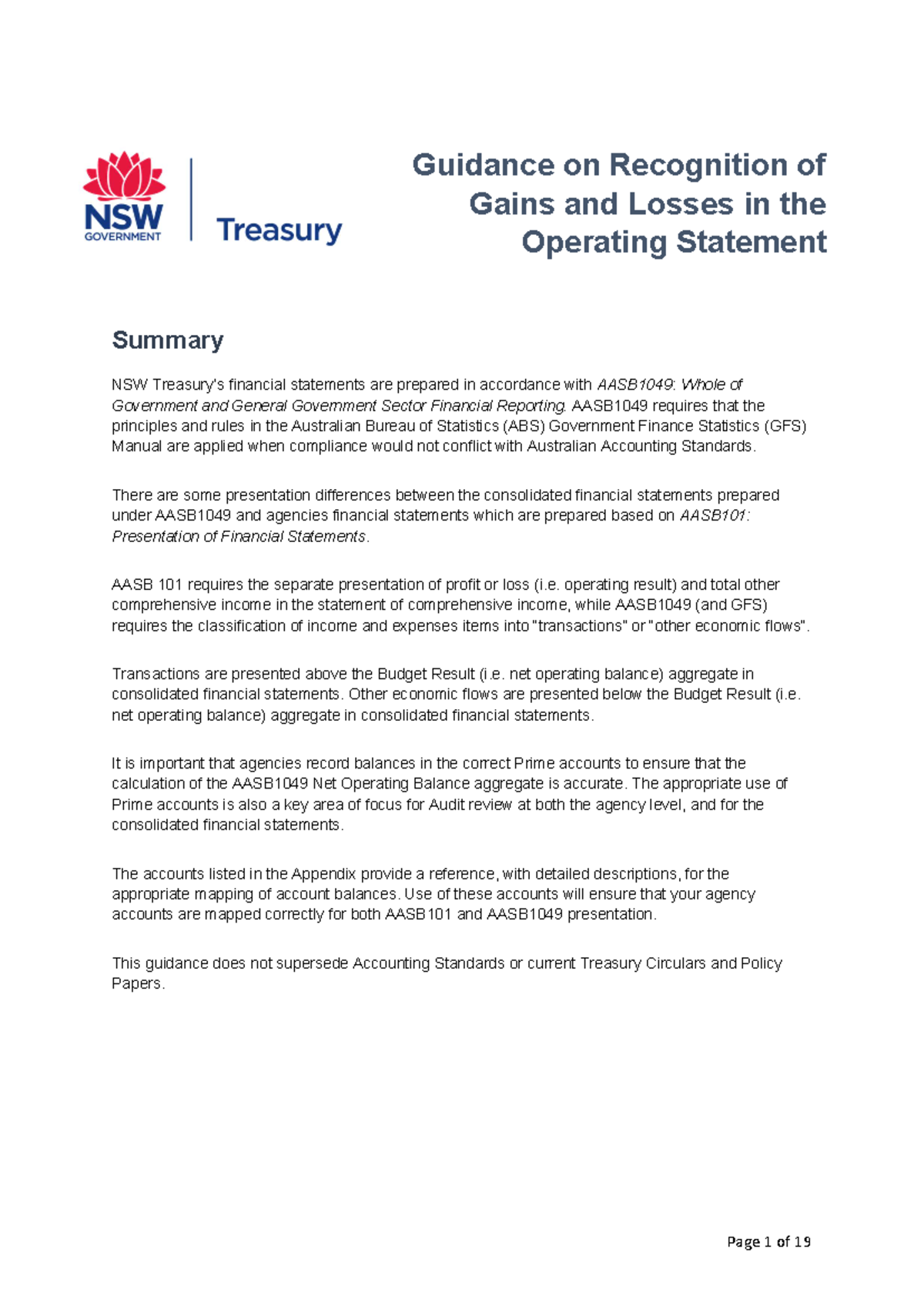 Guidance on Recognition of Gains and Losses in the Operating Statement ...
