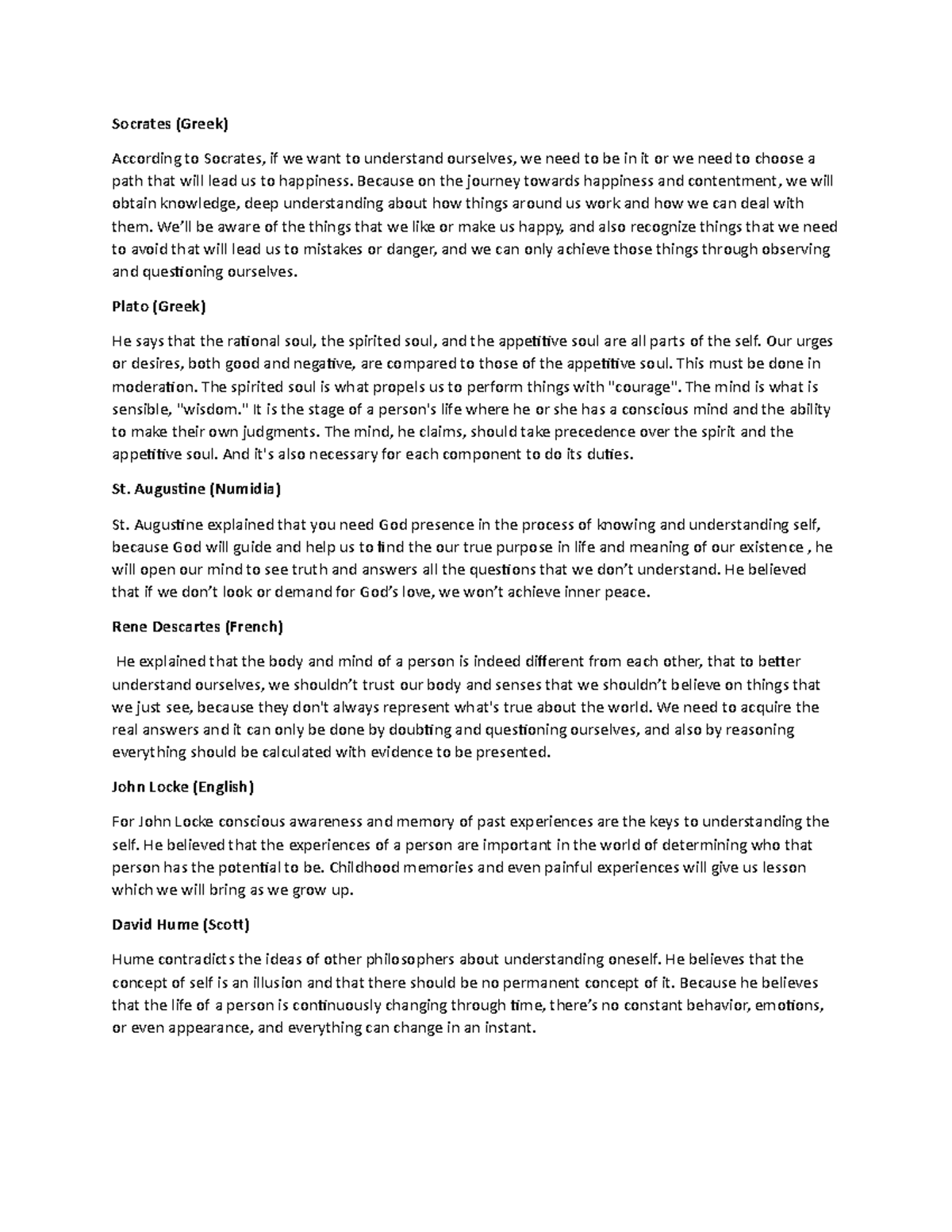 DIFFERENT PHILOSPHERS EXPLAINING THE CONCEPT OF THE SELF - Socrates ...