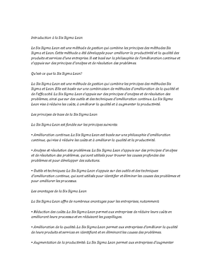 Lean Six Sigma note study - Introduction à la Six Sigma Lean Le concept ...