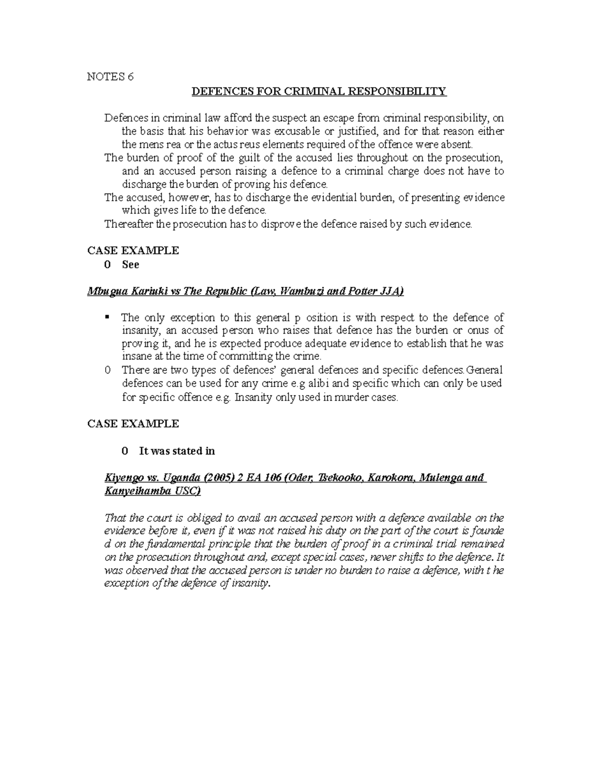 CL6 defences - Good - NOTES 6 DEFENCES FOR CRIMINAL RESPONSIBILITY ...